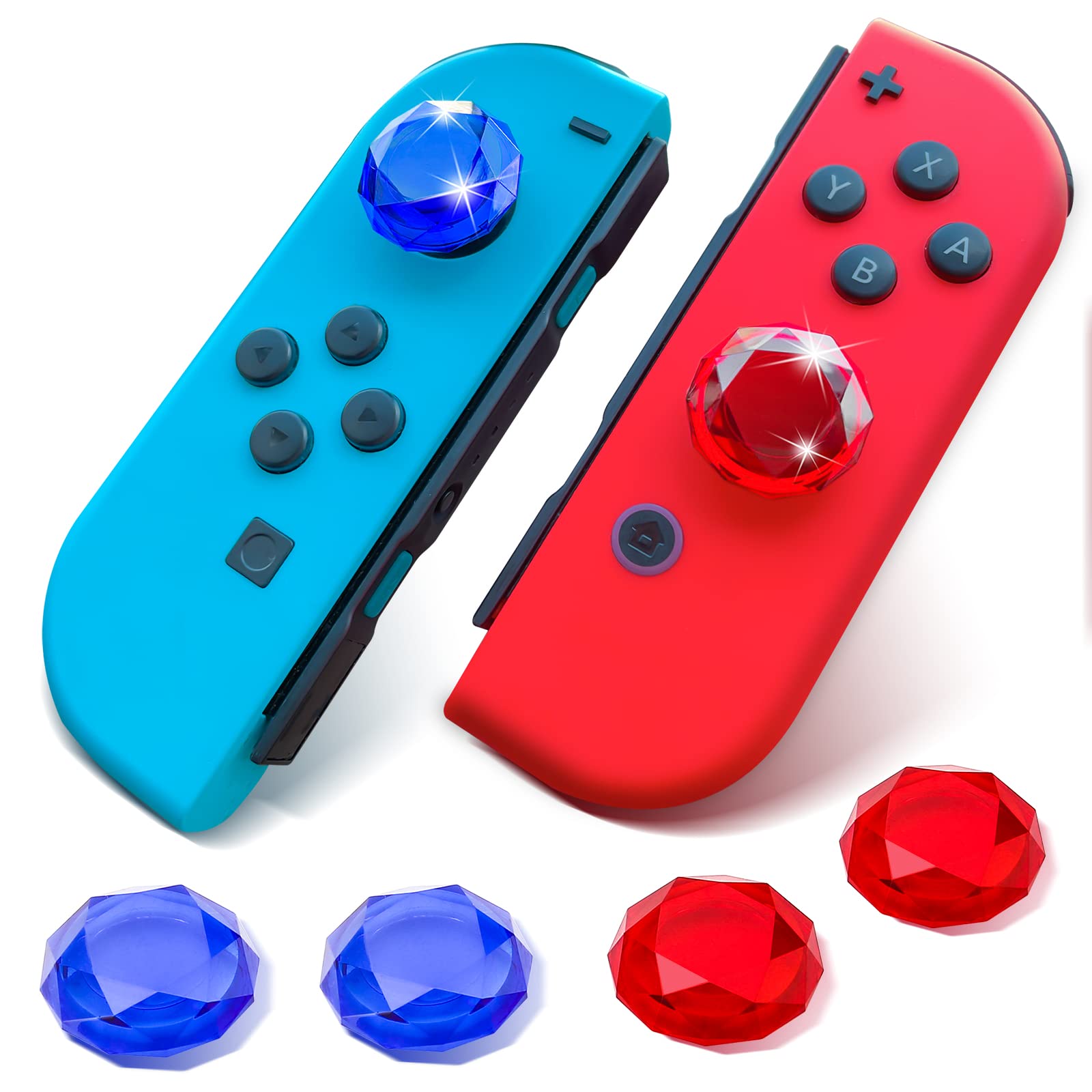 Xcitifun Clear Thumb Grip Caps Designed for Nintendo Switch/OLED/Switch Lite Console, Diamond Crystal Joystick Grips for Girls Kids Women Controller Button Cover, 4PCS - Red and Blue