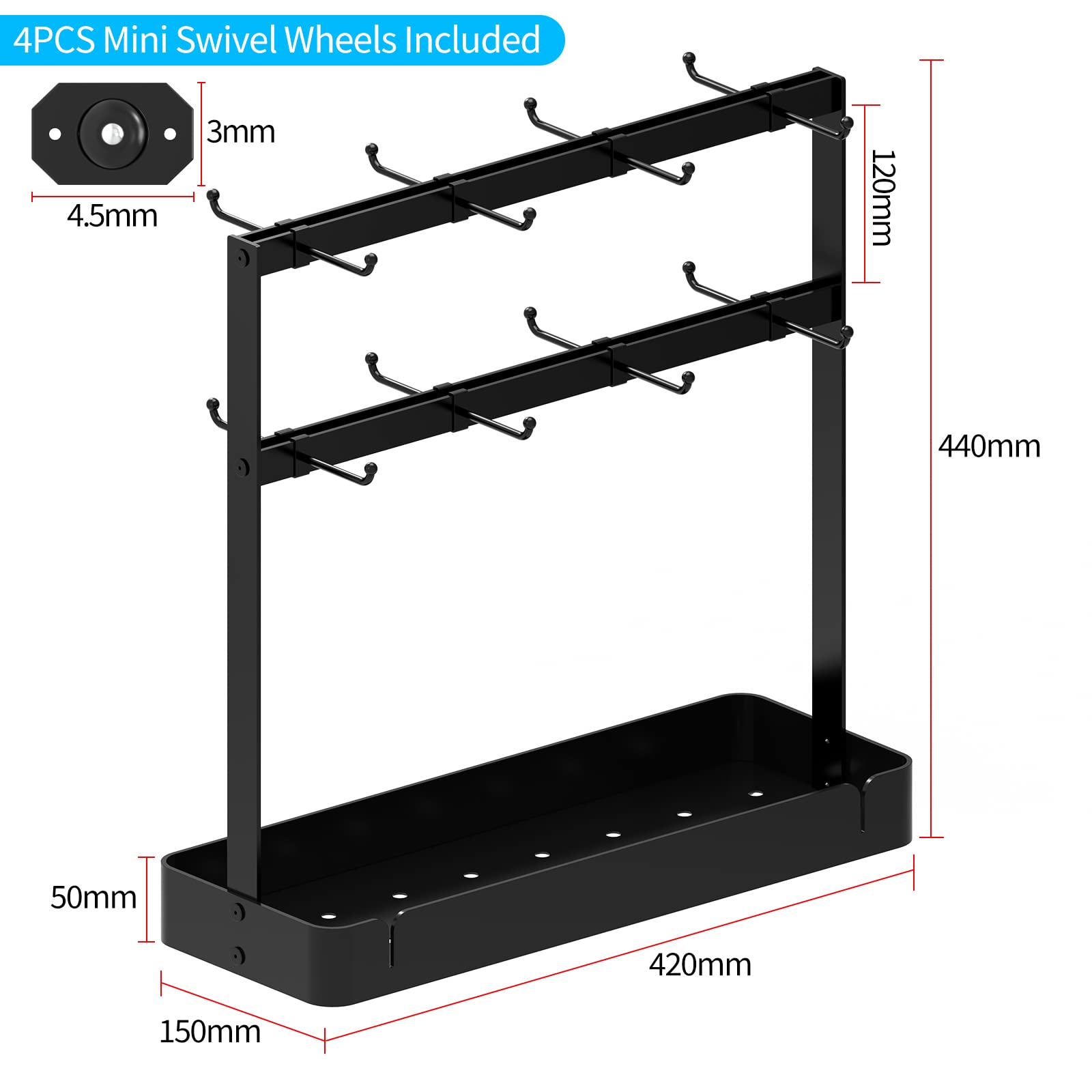 ZDDLOINP Aluminum Alloy Coffee Mug Holder with Movable Hooks, 16 Capacity Coffee Cup Holder for Countertop, 2 Tier Mug Tree Holder Rack with Storage Base for Coffee Pod, Sugar Bags, Paper Cups