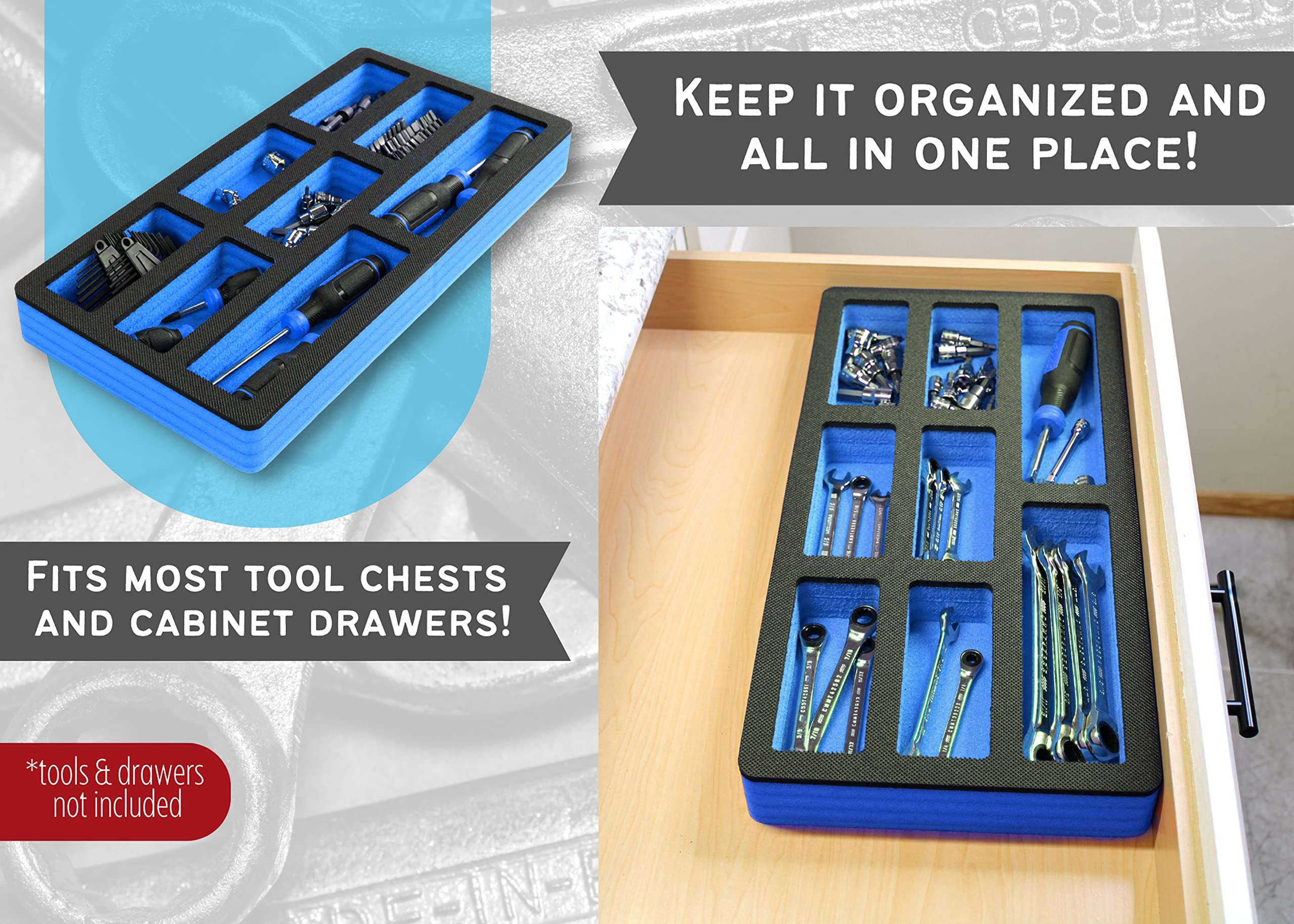 Polar Whale Tool Drawer Organizer Insert Blue and Black Durable Foam Strong Non-Slip Anti-Rattle Bin Holder Tray 20 x 10 Inches 8 Pockets Fits Craftsman Husky Kobalt Milwaukee and Many Others