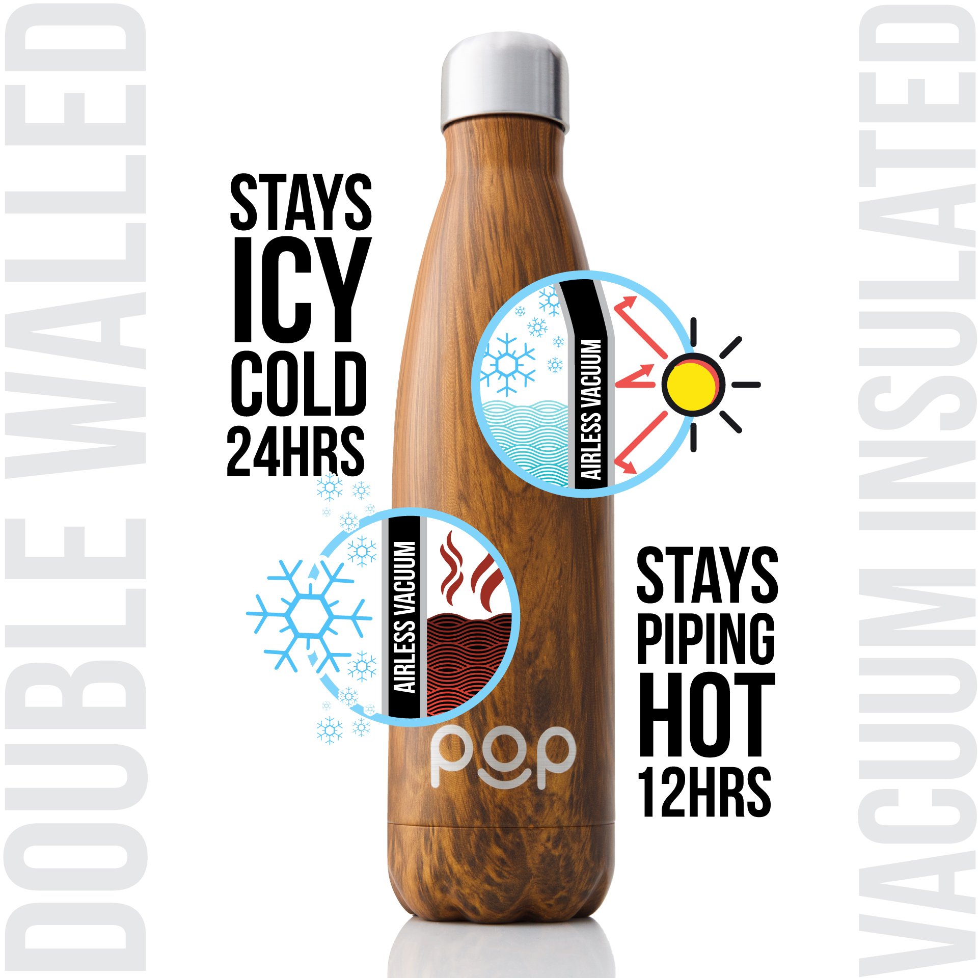POP Design Stainless Steel Vacuum Insulated Water Bottle, Keeps Cold 24hrs or Hot for 12hrs, Sweat & Leak-Proof, BPA Free, 17 Ounce, Onyx