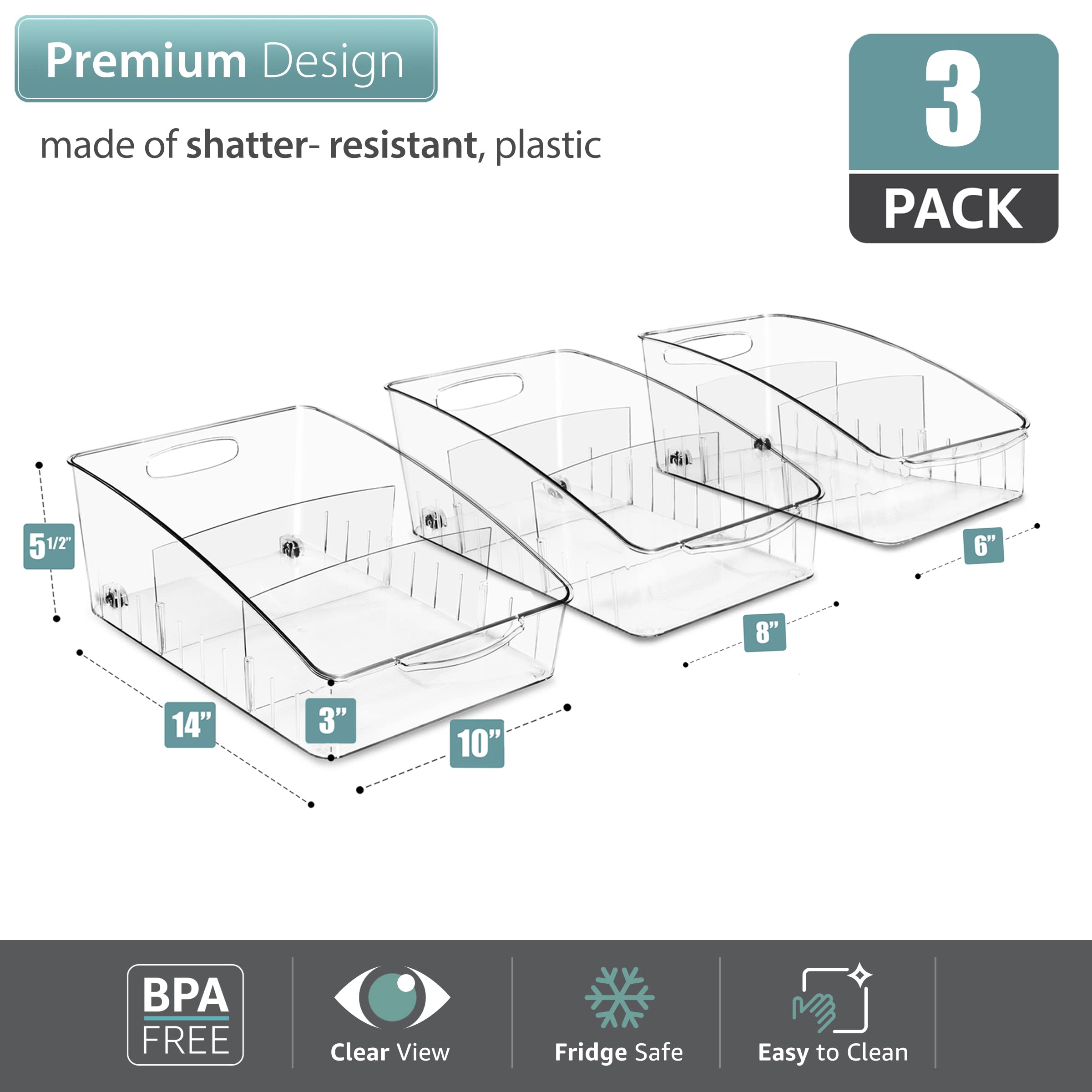 Sorbus Clear Fridge Organizer Bins & Curved Clear Rolling Bins Set - 6 Set with Egg Holder, Can Dispenser, and Varying Sizes - Curved 3 Piece Clear Storage Design with Handles, Dividers, and Wheels