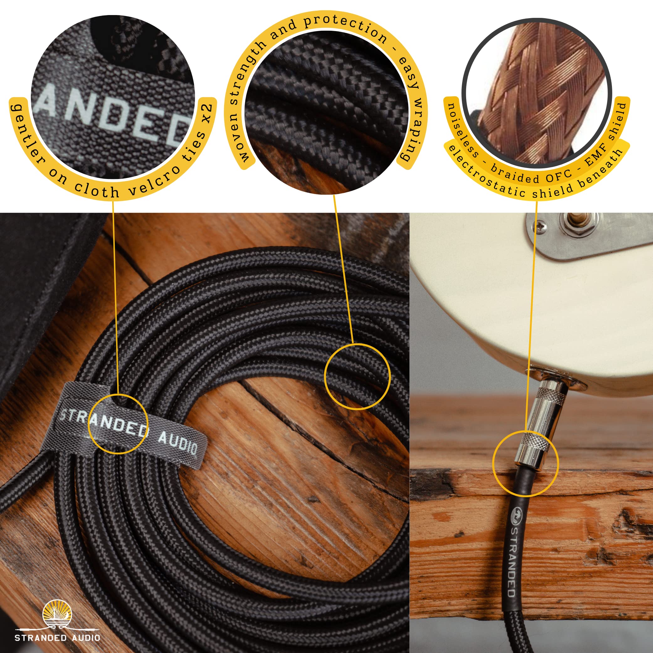 Stranded Audio - Guitar Cable 20 Ft - Low Capacitance - Pro Grade - 1/4 to 1/4 Inch Instrument Cable - Right Angle to Straight - Amp Cord for Electric Guitar, Bass, Acoustic, Ukulele or Keyboard