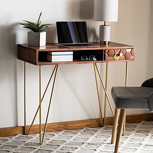 Safavieh Home Office Collection Raveena White Wash and Brass 1-Drawer Hairpin Leg Desk, 0