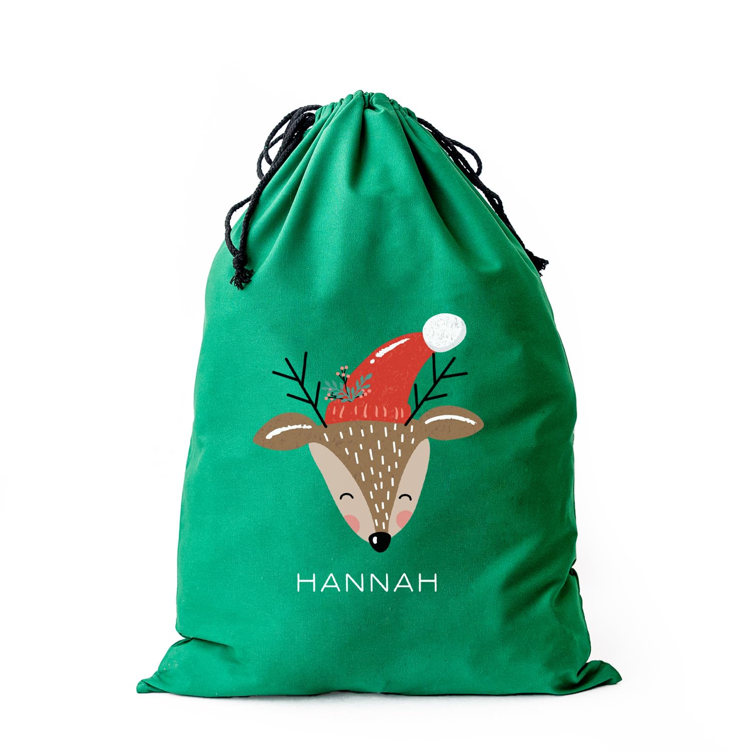 Qualtry Personalized Santa Sack Christmas Bag for Kids Presents (Reindeer Design, Green 19.5" x 26") - Large Cotton Sack with Drawstring - Giant Toy Bag with Name