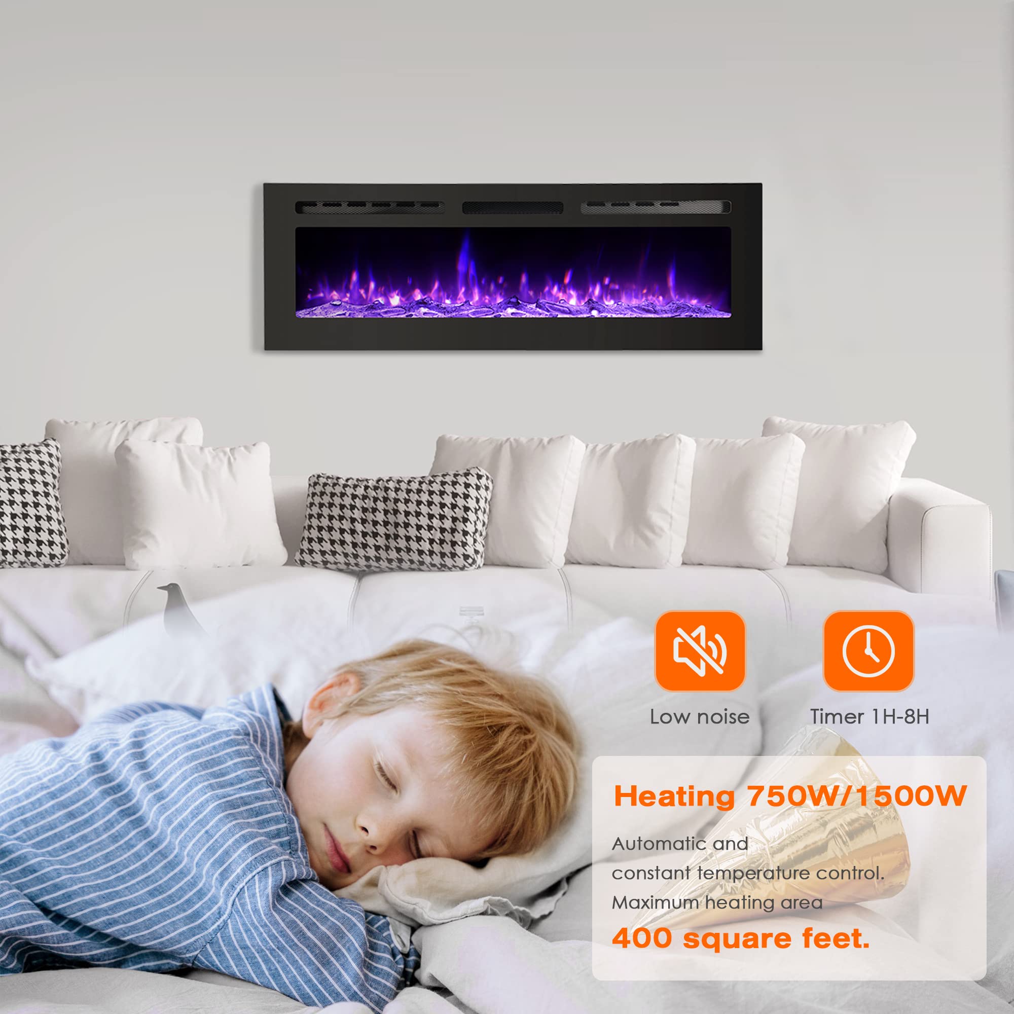 PAOLFOX Electric Fireplace Inserts,50 inch Electric Fireplace,Electric Fireplace Wall Mounted,Electric Fireplace,Wall Fireplace Electric with Remote Control,Electric Fireplace Recessed