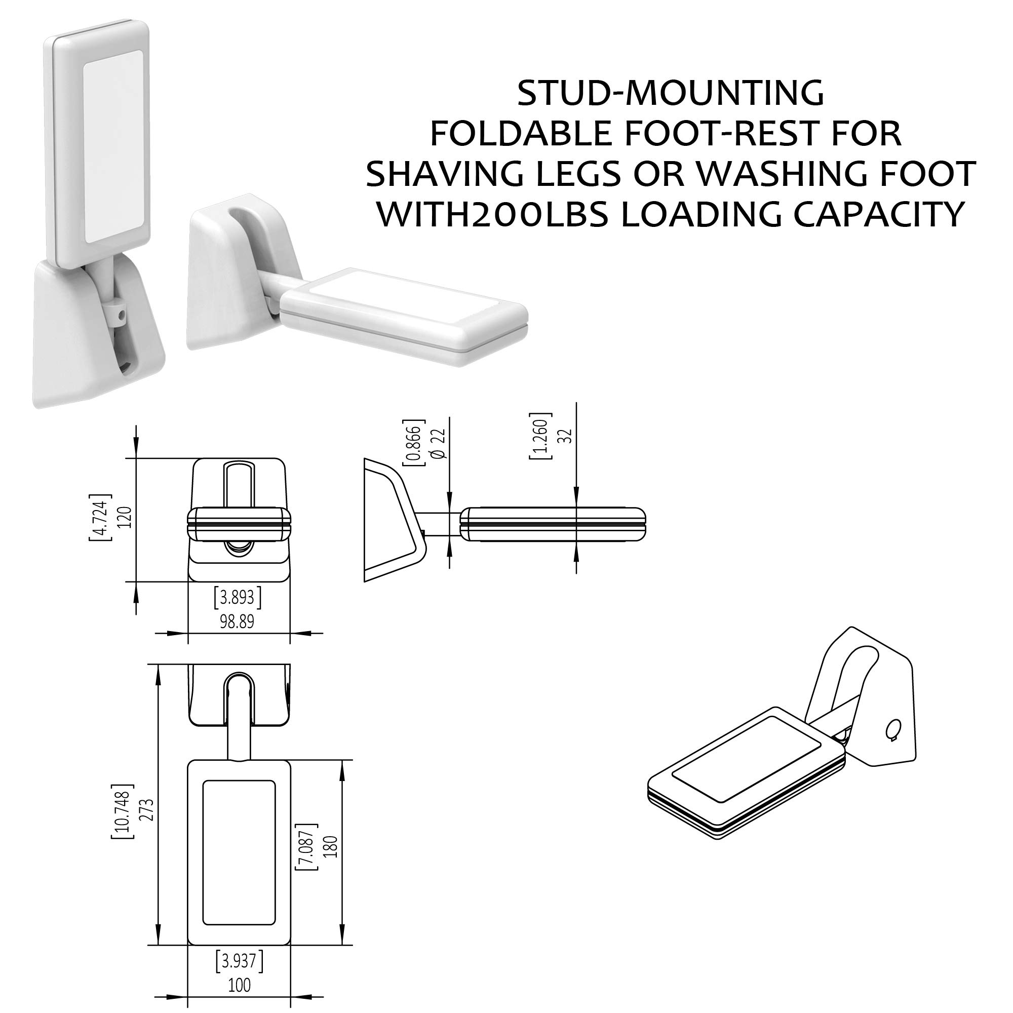 SAFETY+BEAUTY Shower Wall Foldable Foot Rest for Shaving Legs, Washing Feet, Pedal for Lacing Up Shoes, Rust-Proof, 200lbs Loading Capacity, White
