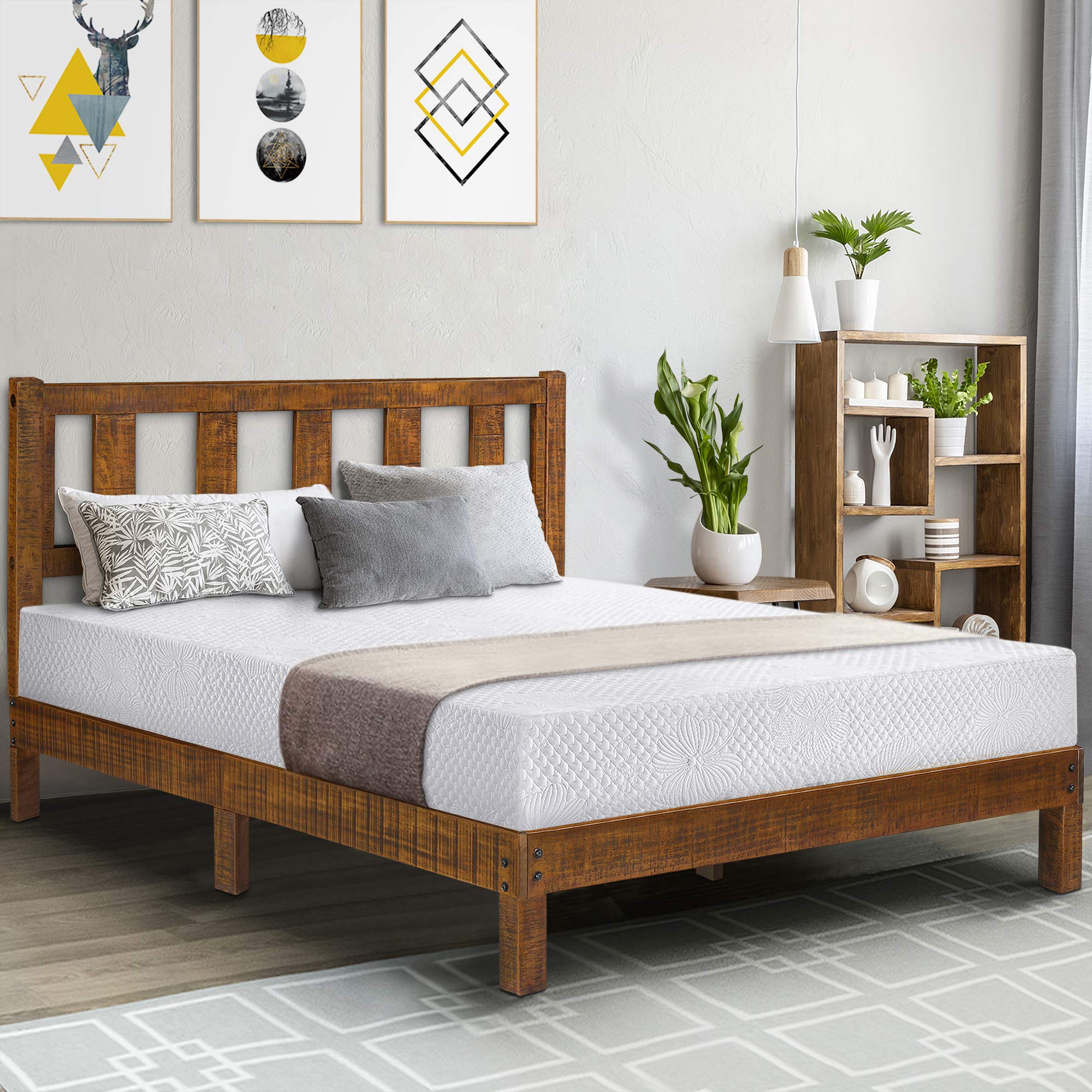 Olee Sleep 14 Inch Deluxe Solid Platform Headboard,Wood Bed Frame, Queen, Natural