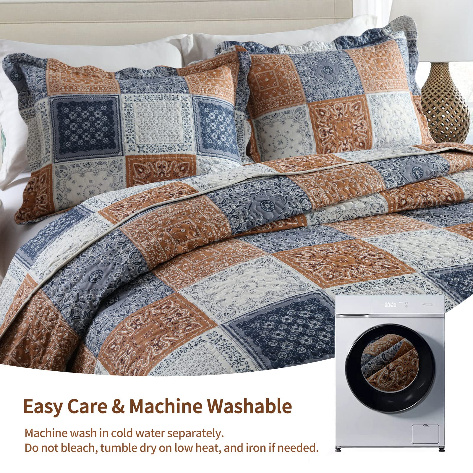 Qucover Quilts Queen Size 3-Piece Microfiber Polyester Reversible Brown Grey and Blue Patchwork Quilt with Shams, Lightweight Bedspreads Coverlet for Queen Beds, 90x98 Inch
