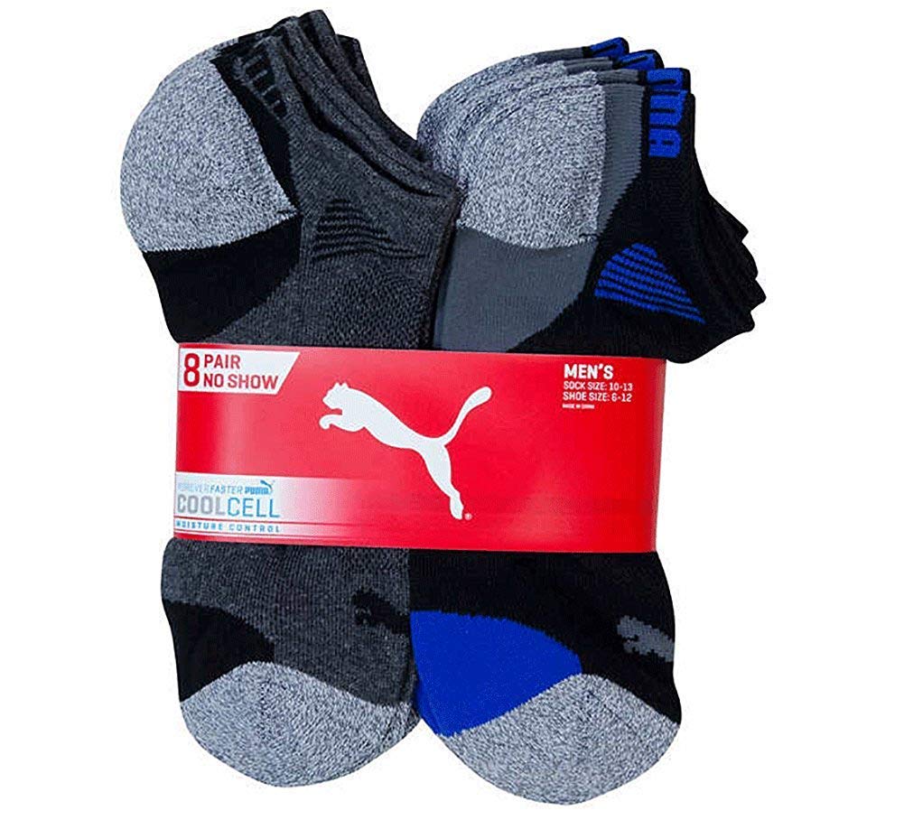 PUMA Mens No show Sport Socks, Moisture Control, Arch Support (8 Pair) (Regular Shoe Size: 6-12, Black)