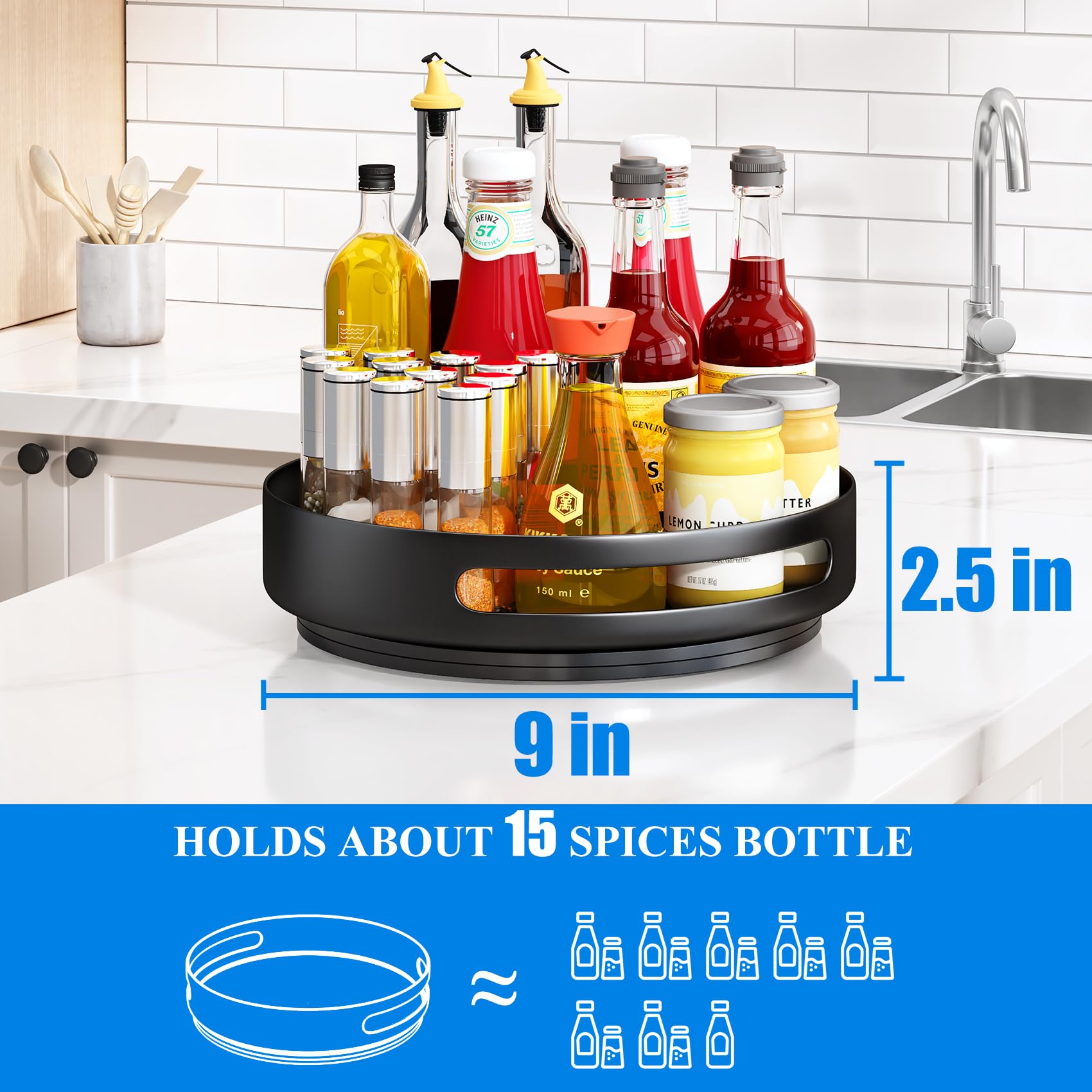 Spice Rack 2 Tier Lazy Susan Turntable, Height Adjustable Metal Rotating Organizer for Cabinet Pantry Kitchen Countertop Cupboard (10 inches-2 Tier Black 10'')
