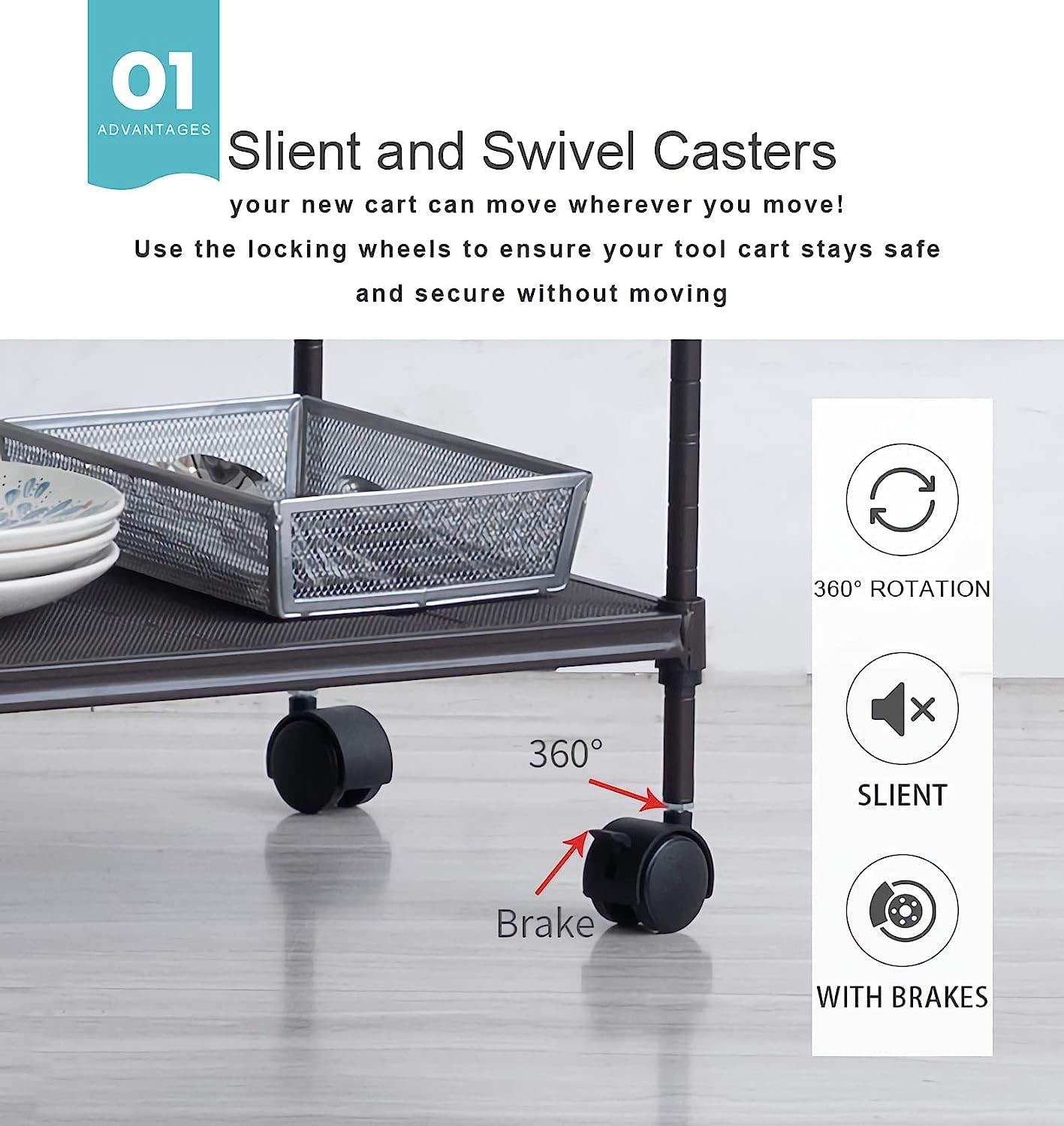 OVICAR 3-Tier Wire Storage Shelves, Adjustable Shelving Units with Wheels, Steel Metal Storage Rack for Kitchen Pantry Closet Bathroom Laundry, Durable Organizer Garage Tool Storage Shelf