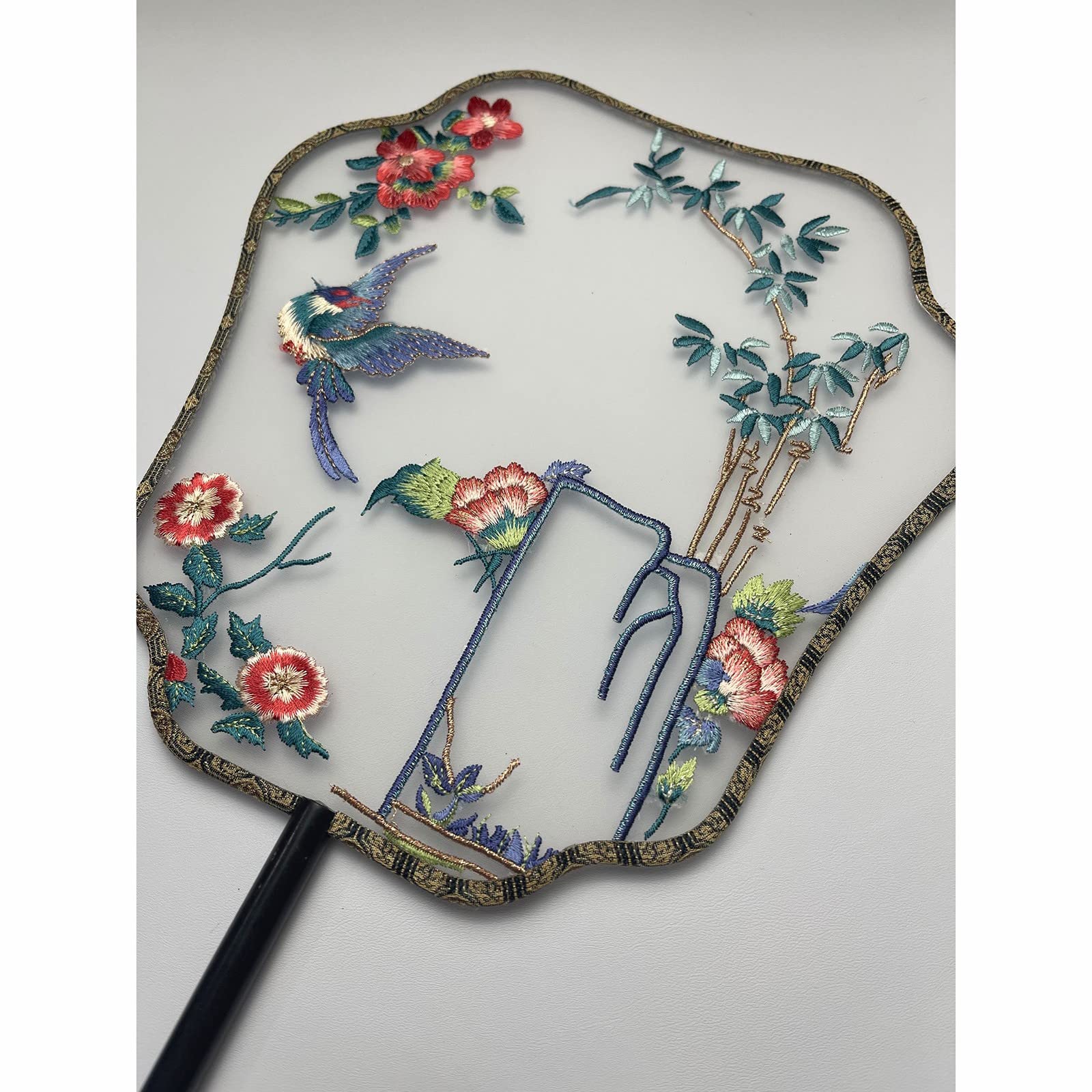 XELDEC Single Side Embroidered Hand Fan (Flower/Bird) Chinese Style Palace Fan Hanfu Fan