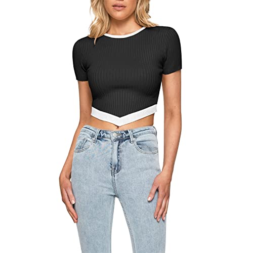 Womens Summer Solid Color Short Sleeve Going Out Tops Comfortable Commute T Shirt Loose Party Tops Business Tops Black
