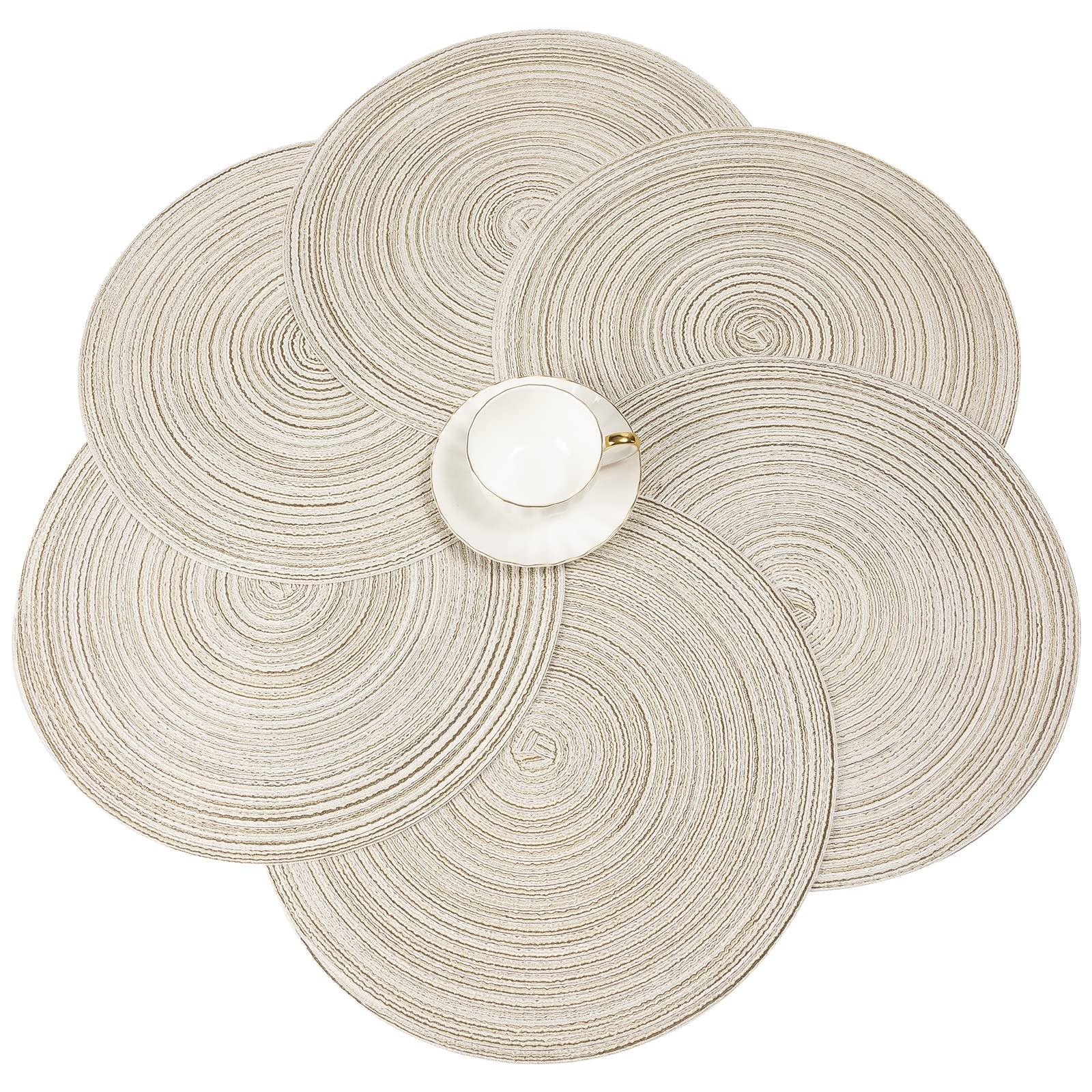 SHACOS Round Placemats Set of 6 Braided Circle Place Mat Washable 15 inch Table Mats for Kitchen Dining Table Mixed Color (Ivory, 6)