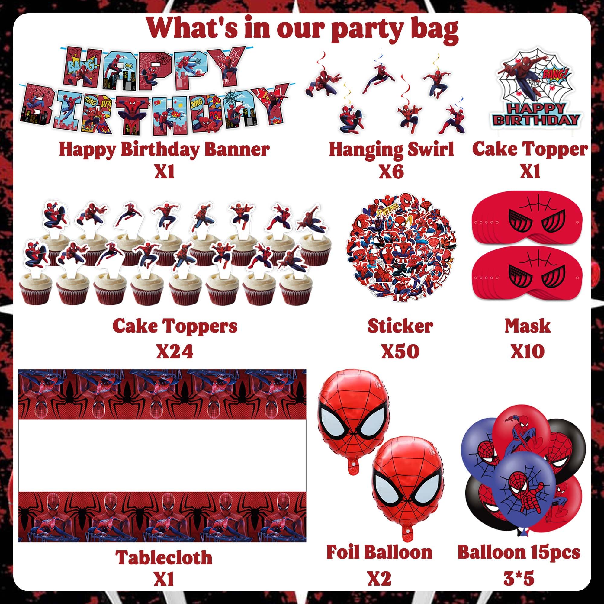 Spider Birthday Decorations, Spider Birthday Party Supplies Include Banner, Balloons, Spider Masks, Spider Stickers, Tablecloth and Backdrop for Girls Boys Birthday Party Decorations