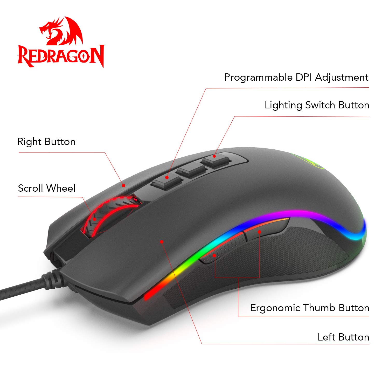 Redragon M711-FPS Cobra FPS Optical Switch (LK) Gaming Mouse, Wired RGB Gamer Mouse w/ 50 Million Click Lifespan, Onboard 16,000 DPI (32,000 via Software) and 7 Programmable Macro Buttons
