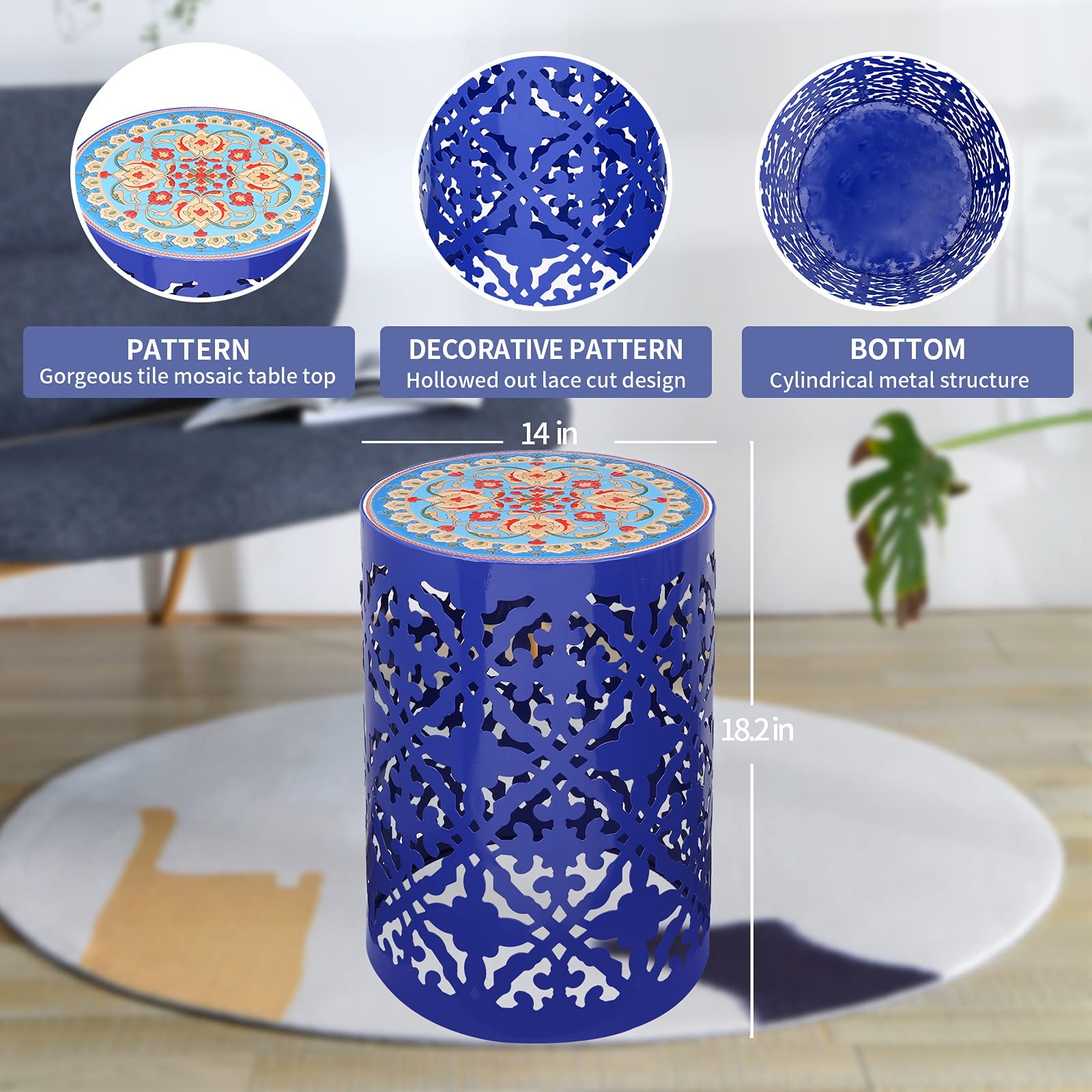 Patio Accent Table Outdoor Mosaic Side Table Metal End Table Lace Cut Outside SideTable with Tile Top Outdoor Coffee Table Garden Stool