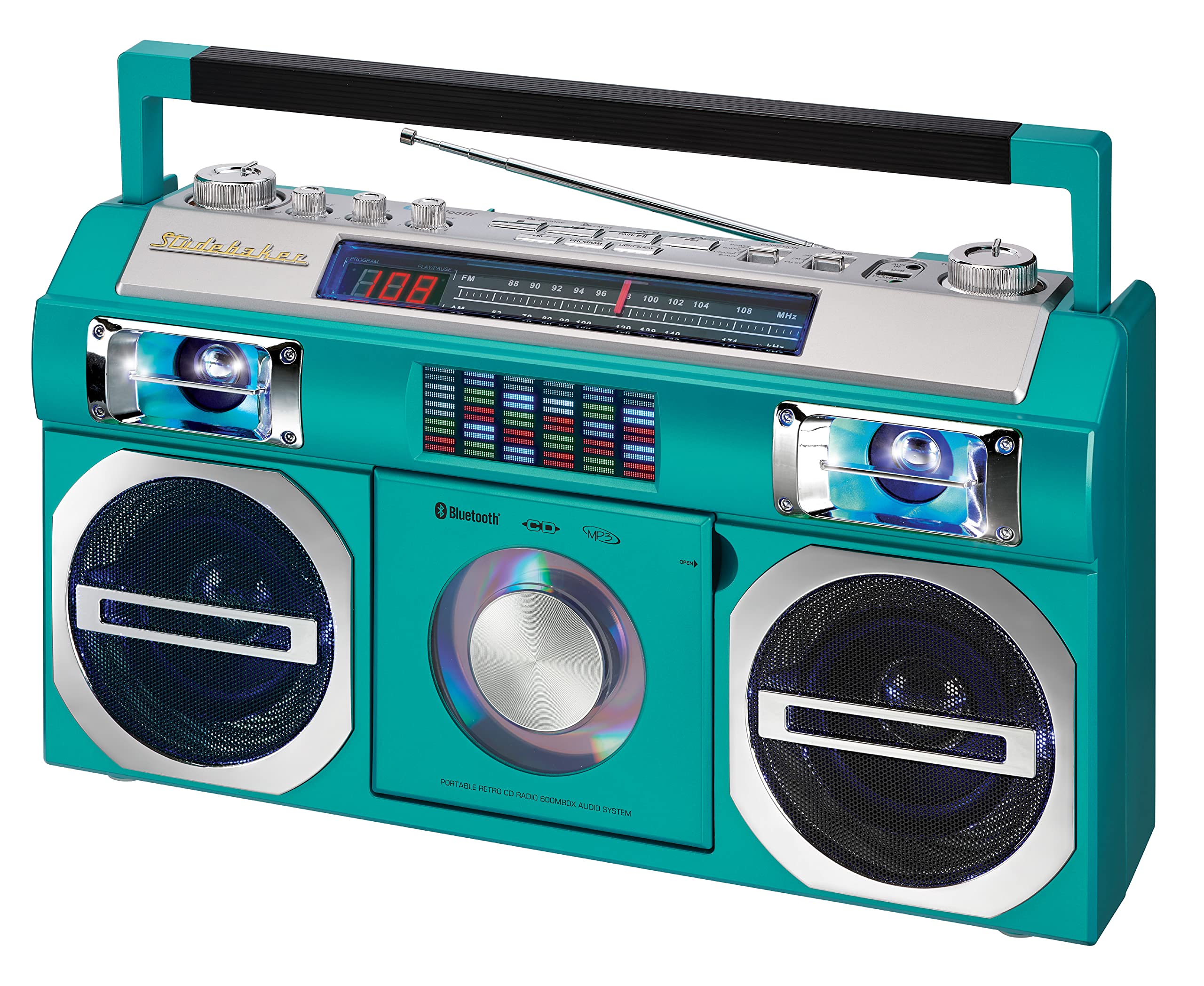 Studebaker Vintage Aqua Turquoise 80's Retro Street Bluetooth Wireless Streaming Boombox Rechargeable Battery, CD/MP3 Player, AM/FM, USB, Multi Color LED EQ, Full-Range High Bass Speakers & AC/DC -