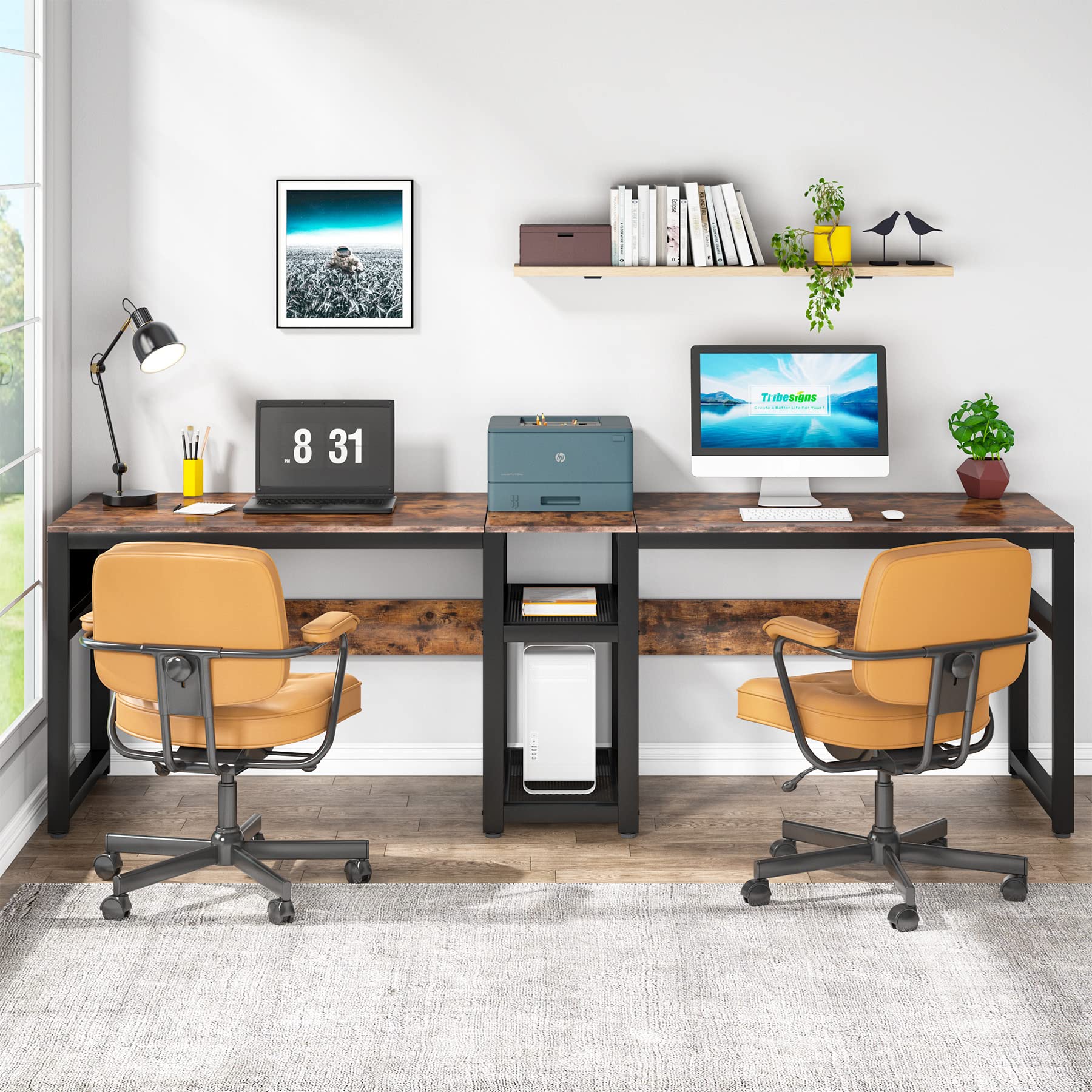 Tribesigns Lift Top Computer Desk, 78.8 inch Height Adjustable Double Home Office Desk Dual Writing Table Workstation with Storage Shelves