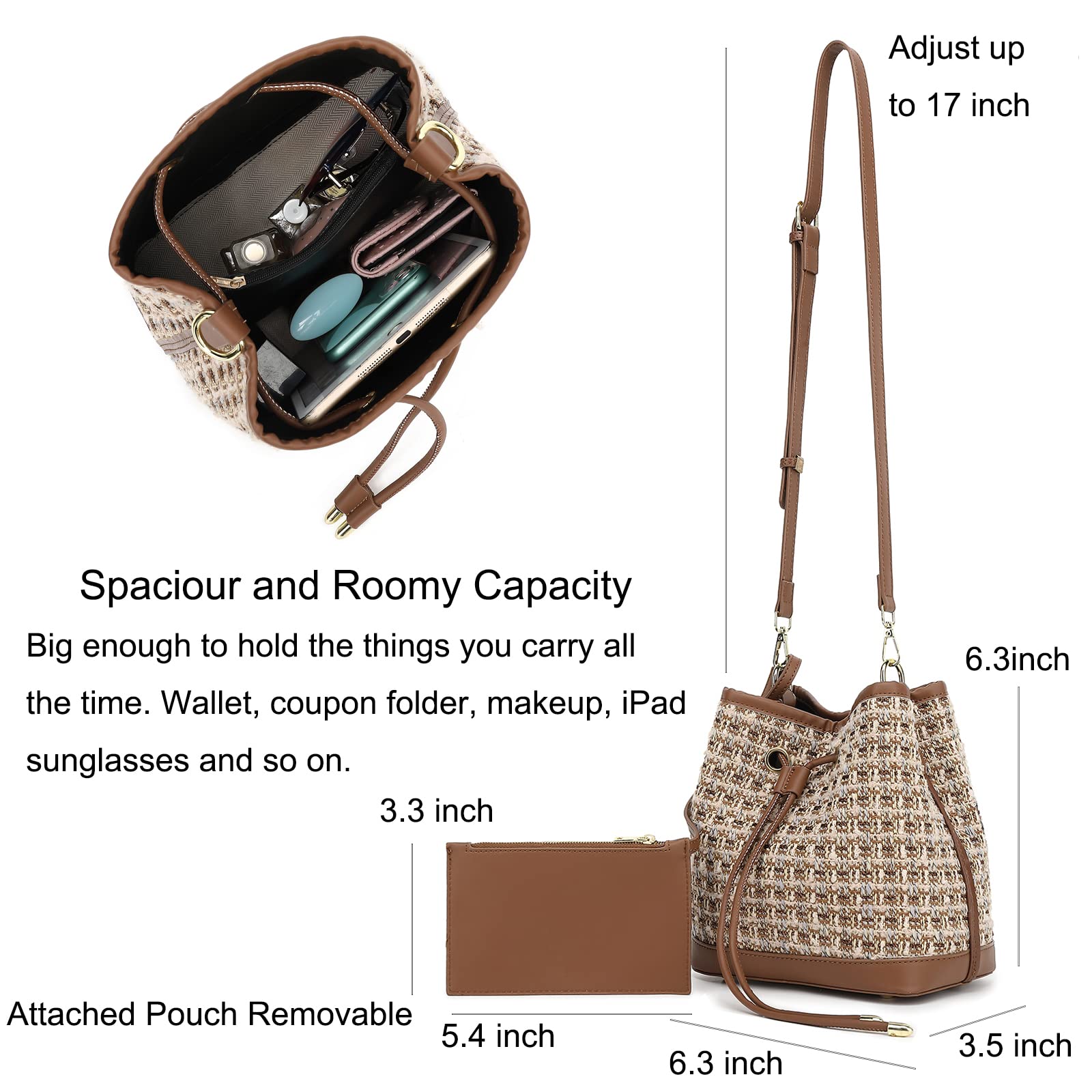 ZOVYRON Woven Bucket Bag Purse for Women, Drawstring Crossbody Purse Ladies Weave Shoulder Bag with Pouch