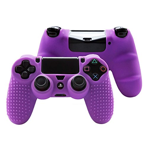 PS4 Controller Grips,Pandaren Studded Anti-Slip Silicone Cover Skin Set Compatible for PS4 /Slim/PRO Controller(Skin x 2 + FPS PRO Thumb Grips x 8)(Green, Purple)