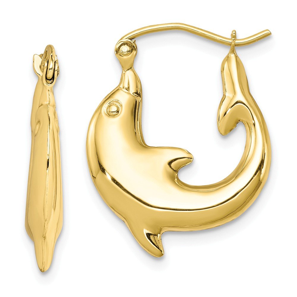 Solid 10k Yellow Gold Dolphin Hoop Earrings - 21mm x 17mm