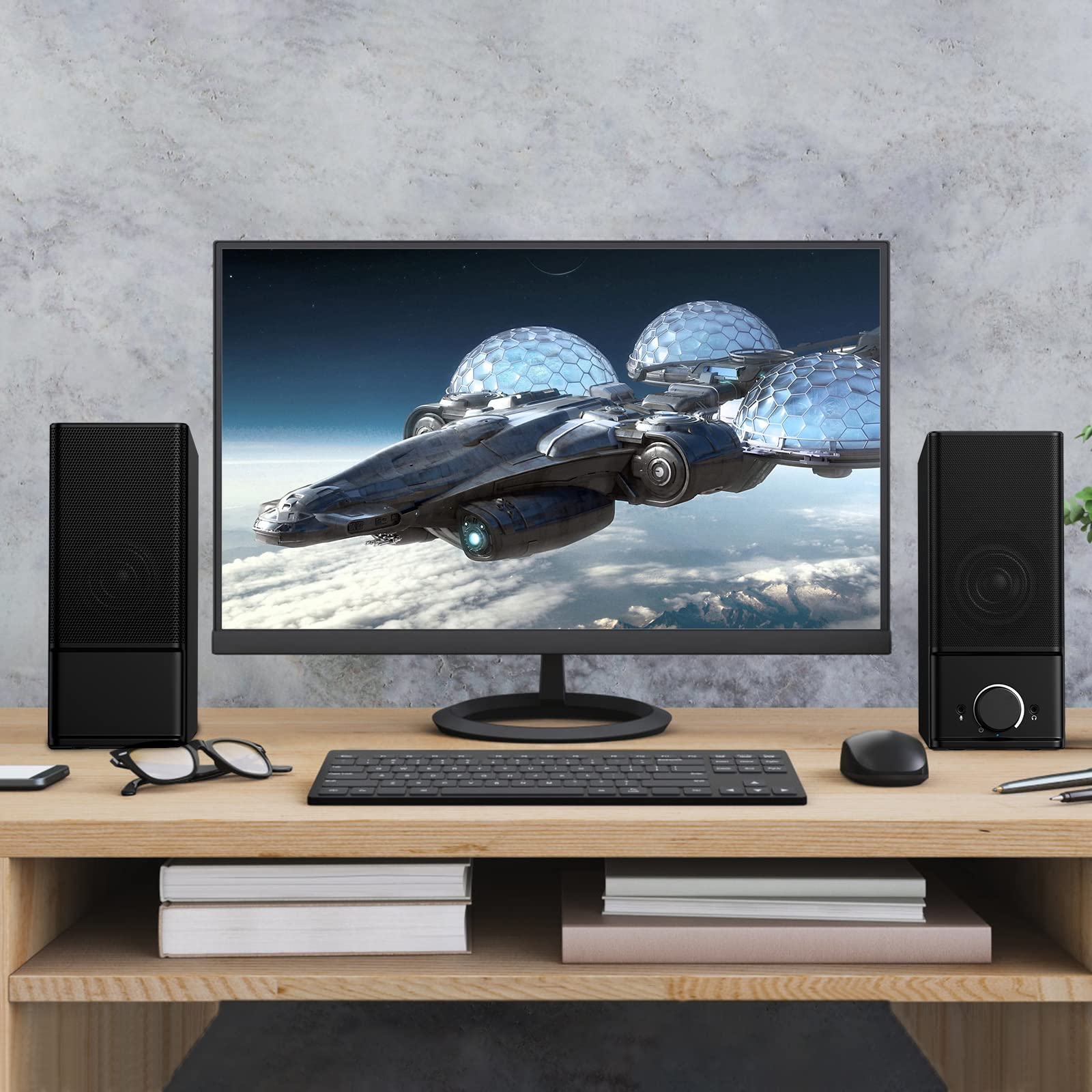 YYV Computer Speakers, Dual 5W USB Desktop Speaker with Volume Control, Headphone and Mic Output, External Speakers for Laptops/Desktops/ (Lavalier Microphone Included)