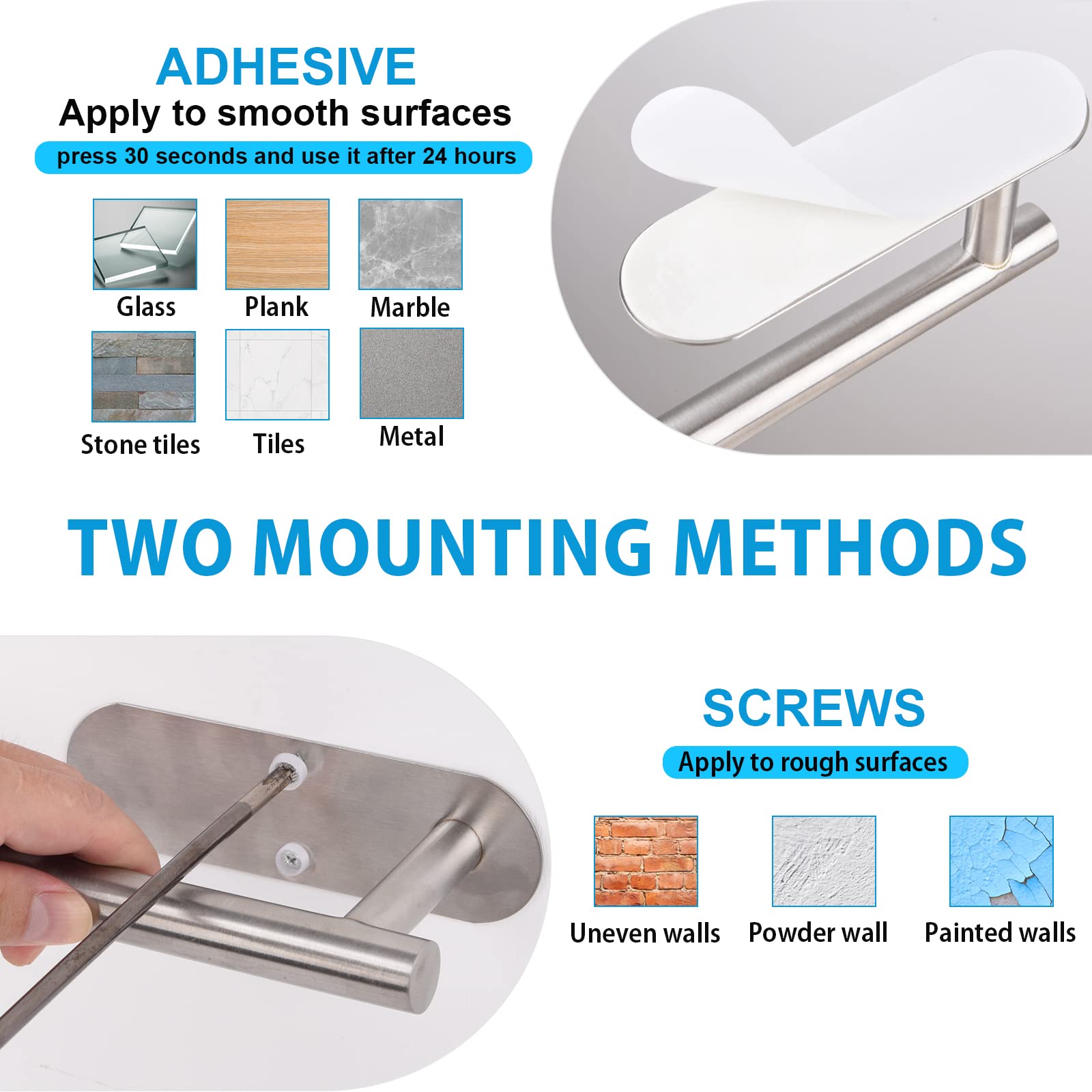 Paper Towel Holder Under Cabinet,Kitchen Wall Mount Stainless Steel Paper Towel Holder, Self-Adhesive or Screw Mount, for Kitchen and Bathroom.Silver 2pack