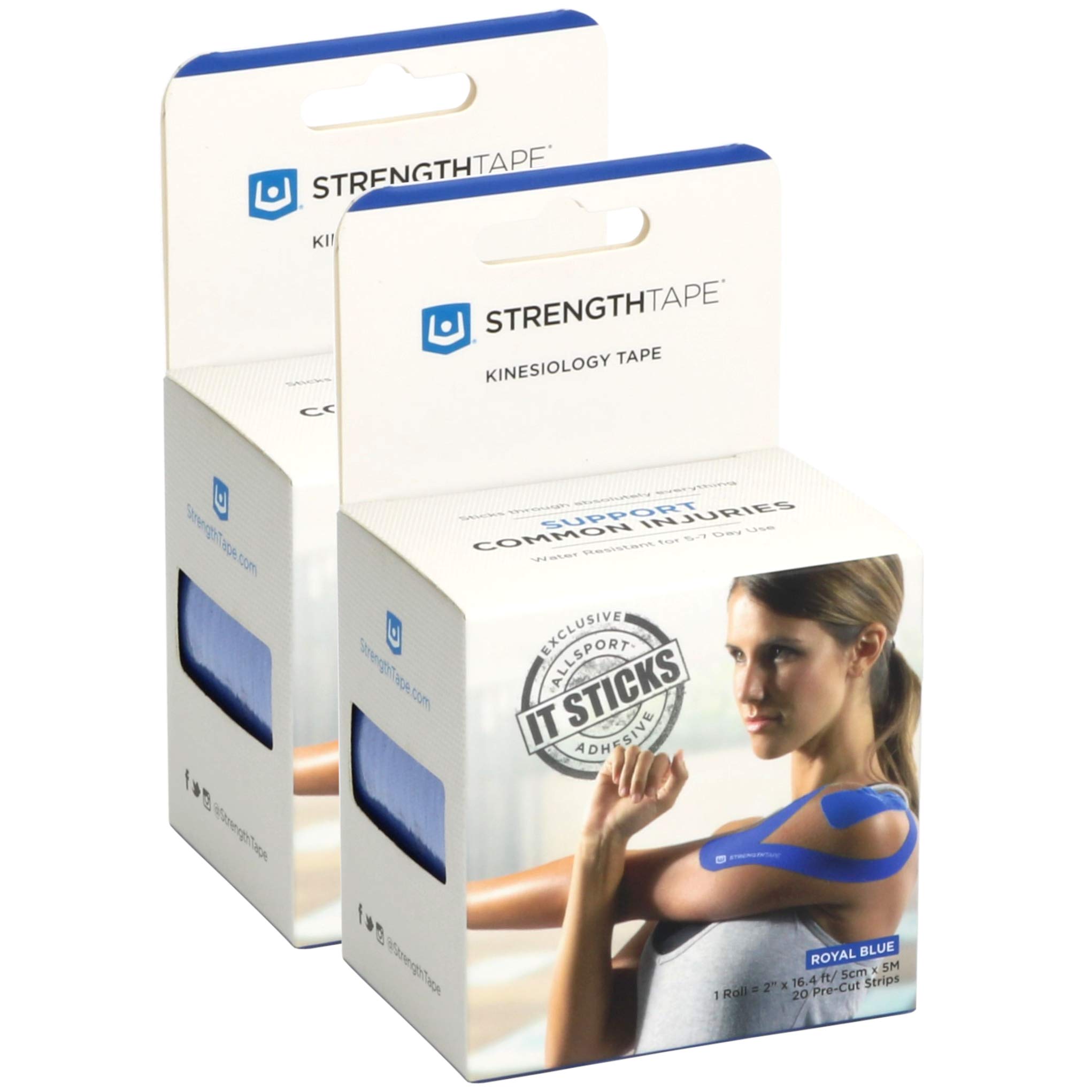 StrengthTape Kinesiology Tape, 2-inch x 16.4-Foot, Pre-Cut Strips, 2-Pack (Blue)