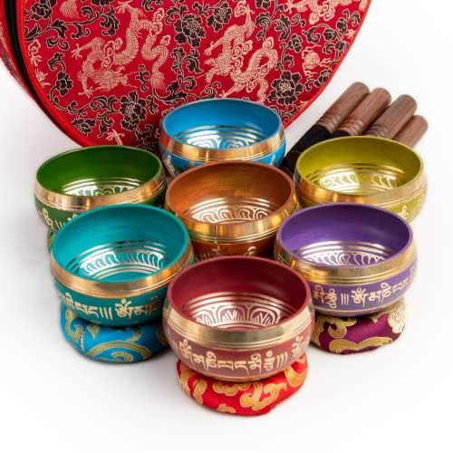 Tibetan Singing Bowls Set Of 7 Chakra Color for Meditation Mindfulness with Carry Box by Himalayan Bazaar