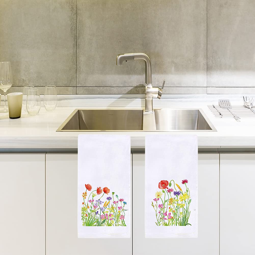 Watercolor Wild Flower Kitchen Dish Towel 18 x 28 Inch, Seasonal Spring Summer Floral Tea Towels Dish Cloth for Cooking Baking Housewarming Gift Set of 2