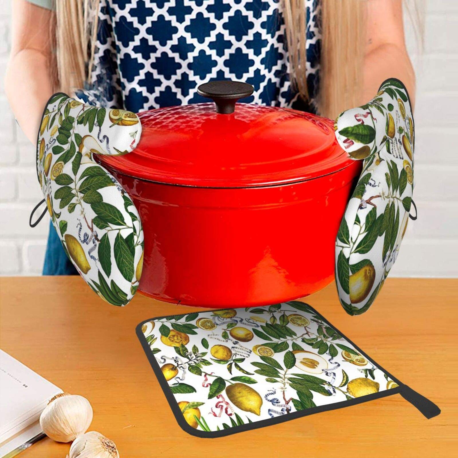 Watercolor Yellow Lemon Oven Mitts and Pot Holders Set of 3 Lemons Hot Pads with Non-Slip Heat Resistant Microwave Golves for Kitchen Cooking Grilling BBQ