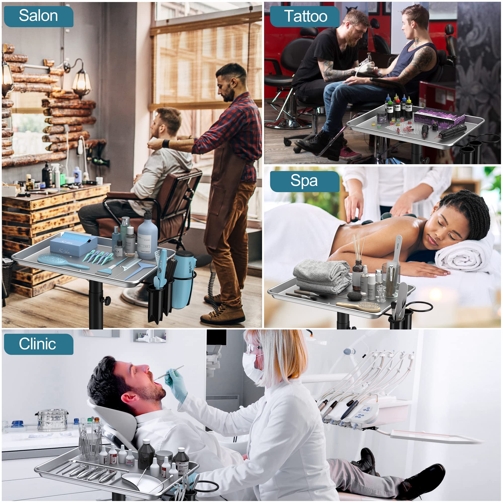 Premium Aluminum Instrument Salon Tray W/Accessory Caddy Tattoo Rolling Tray Station Height Trolley Beauty Tool