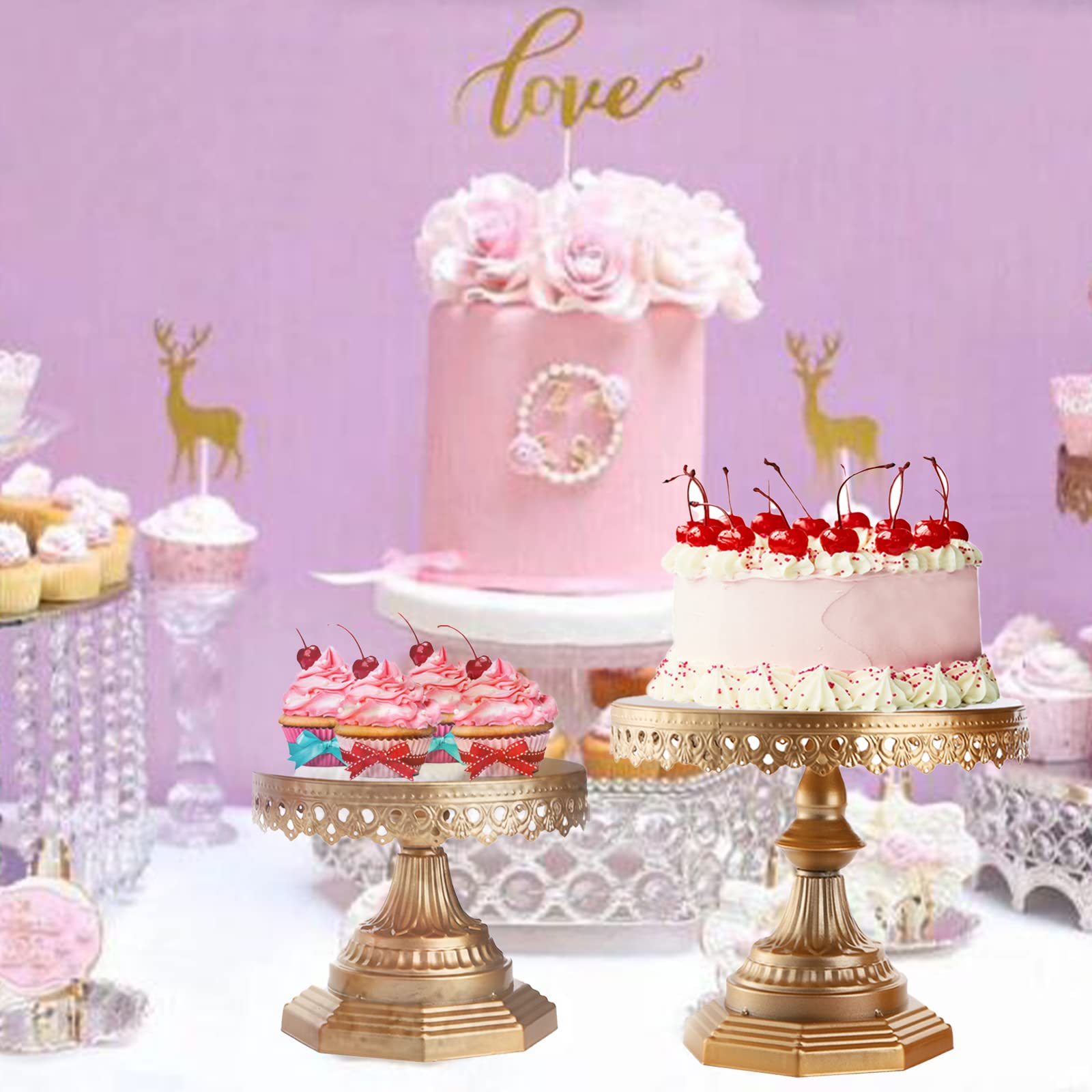 YOUEON Set of 3 Metal Gold Cake Stands, 8/10/12 Inch Round Metal Cupcake Display Stands, Dessert Stand Cake Stand for Dessert Table, Weddings, Birthday, Parties, Octangular Pedestal