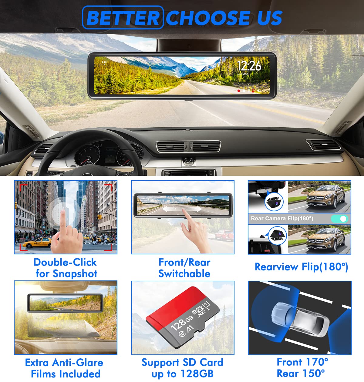 PORMIDO 2.5K Mirror Dash Cam Backup Camera 12" Large Full Touch Screen Front and Rear View Camera HD Waterproof Back up Car Camera 170° Wide Angle,GPS,Starlight Night Vision,Parking Monitor,SD Card