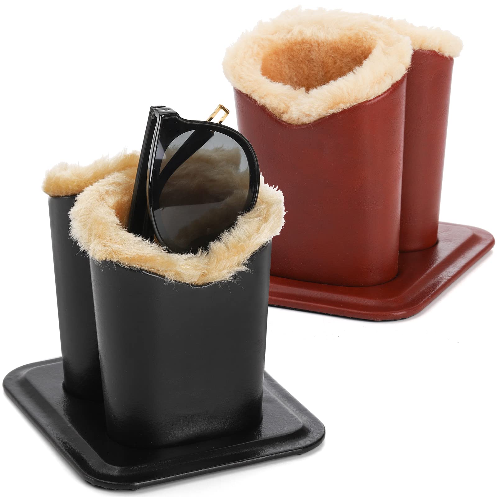 ZOOFOX 2 Pack Double Eyeglasses Holder, Plush Lined Leather Glasses Stand Case for for Desk or Nightstand