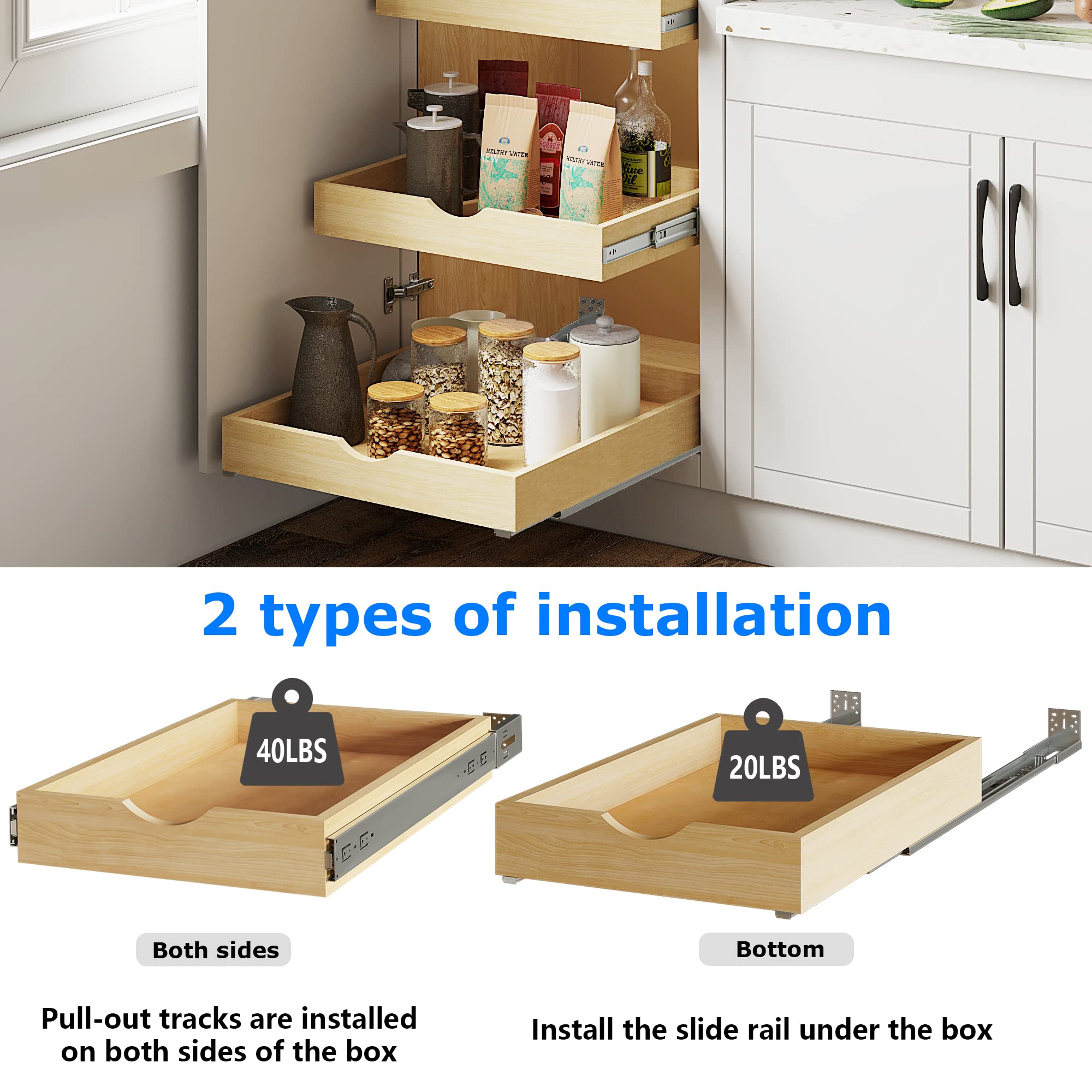 WelFurGeer 17'' Width Pull Out Drawers for Kitchen Cabinets, Cabinet Organizers and Storage, Slide Out Cabinet Drawer, Slide Out Drawer Organizer, Wood Rack for Kitchen, Bathroom (17''W x 21''D)