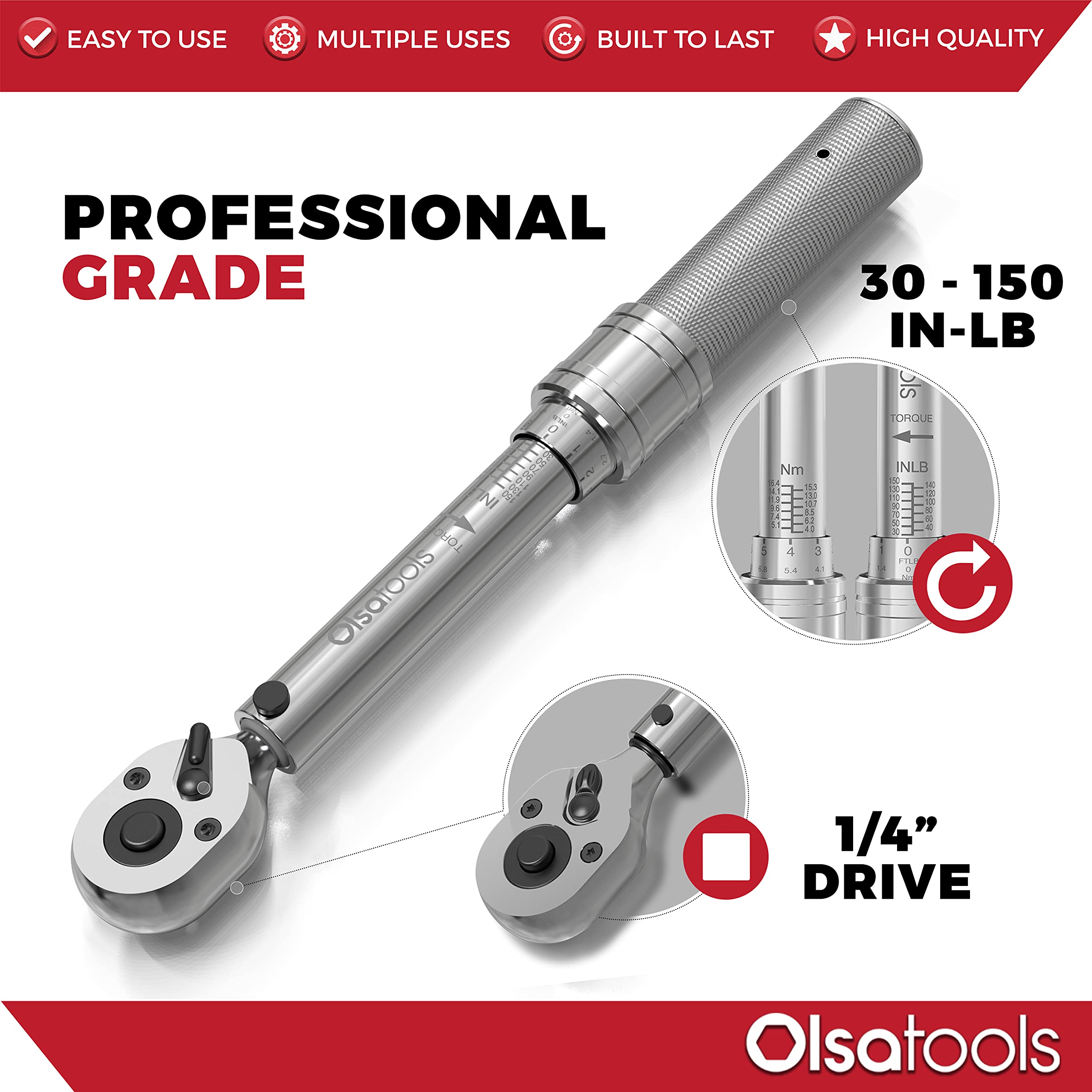 Olsa Tools Click Torque Wrench, 1/4-Inch Drive (30-150 in-lb Torque Range) | Premium Precision Ratcheting Adjustable Torque Wrench | Professional Grade