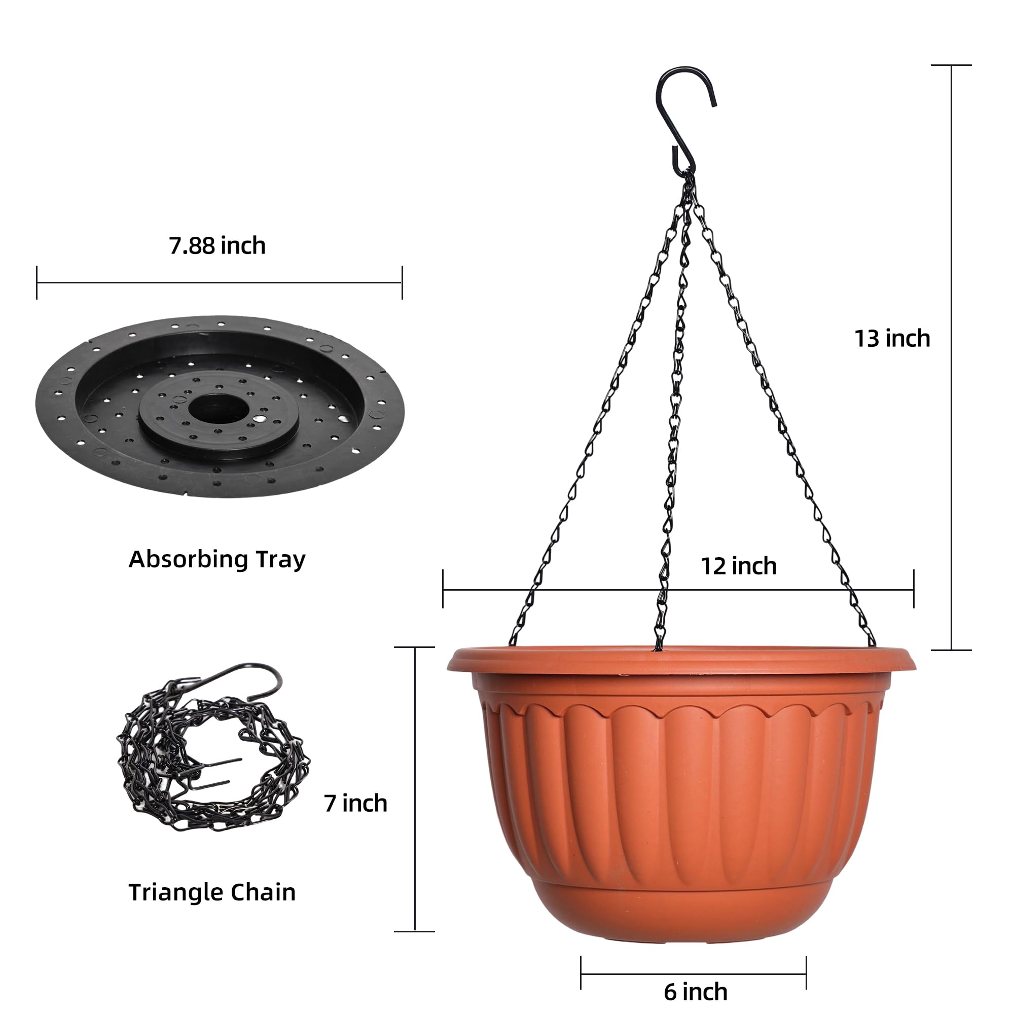 YIKUSH Hanging Planter for Indoor and Outdoor Plants 2 Pack 12inch Flower Pot Plastic Plant Pot with Drainage Hole and Absorbing Tray(Terracotta,with 3 Hooks)