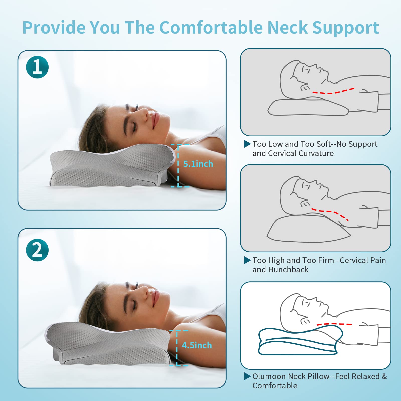 Olumoon Memory Foam Pillows - Neck Support Pillow for Pain Relief, Ergonomic Cervical Pillow for Sleeping, Orthopedic Contour Bed Pillow for Side, Back & Stomach Sleepers with Pillowcase