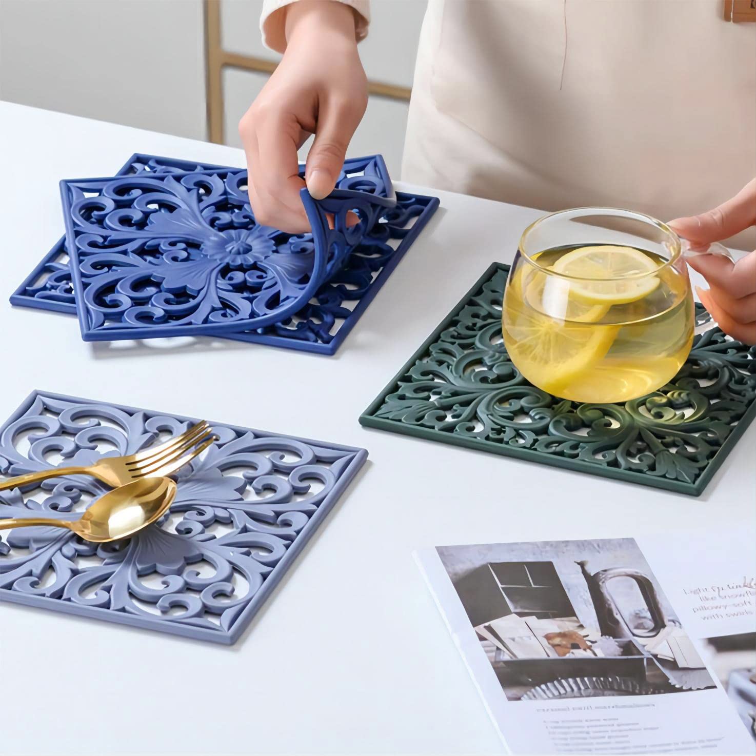 Viwehots Silicone Trivets Mats for Hot Pots and Pans, Square Non Slip Mat for Table Multi-Use Carved Hot Pads and Mats, Flexible Modern Pad Heat Resistant Big Teapot Coaster Set of 3 Blue