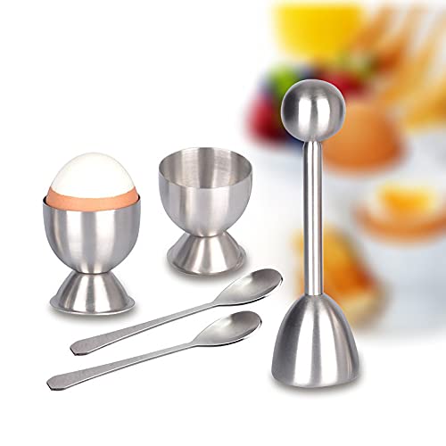 Xicennego Egg Cracker Topper Set of 5 - Includes 2 Egg Cups, 2 Spoons and 1 Cutter - Stainless Steel Easy Egg Opener