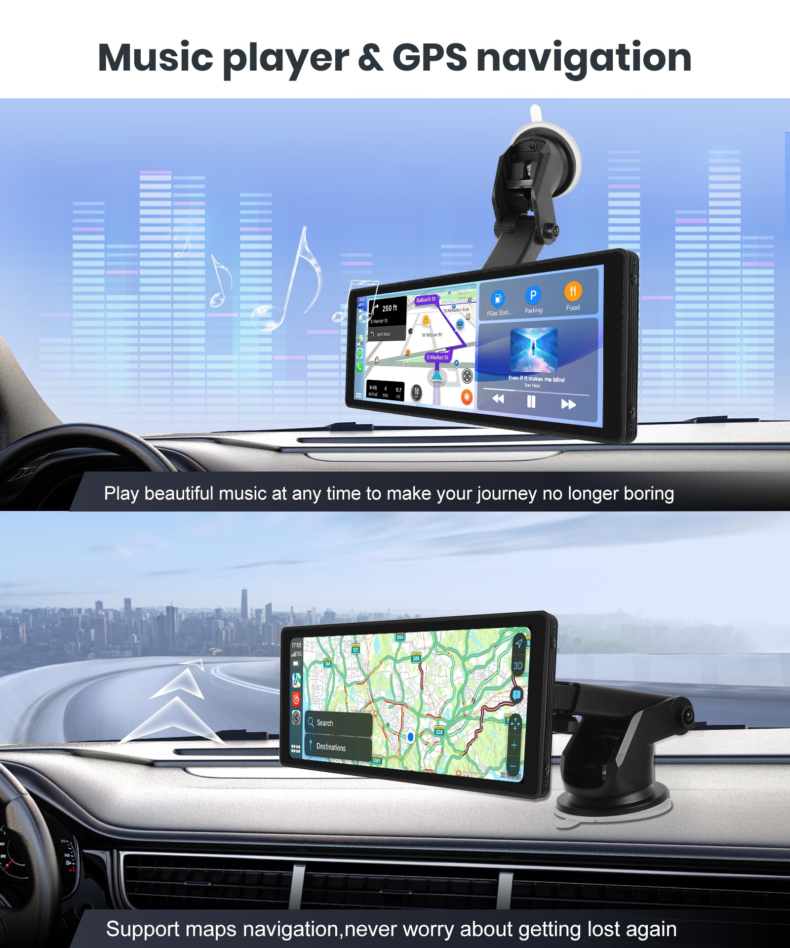 Podofo Wireless Apple Carplay Car Stereo,10.26” IPS Touch Screen Car Radio Support Android Auto with Mirror Link, Car Play Navigation, Bluetooth, USB, EQ Audio, AUX/FM Transmit, for All Vehicles