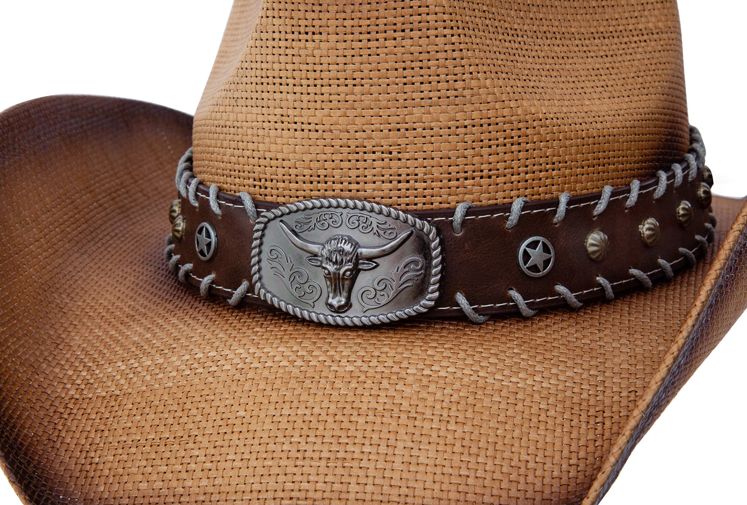Queue Essentials Men & Women's Woven Straw Cowboy Cowgirl Hat Western Outback w/Wide Brim (Long Horn)