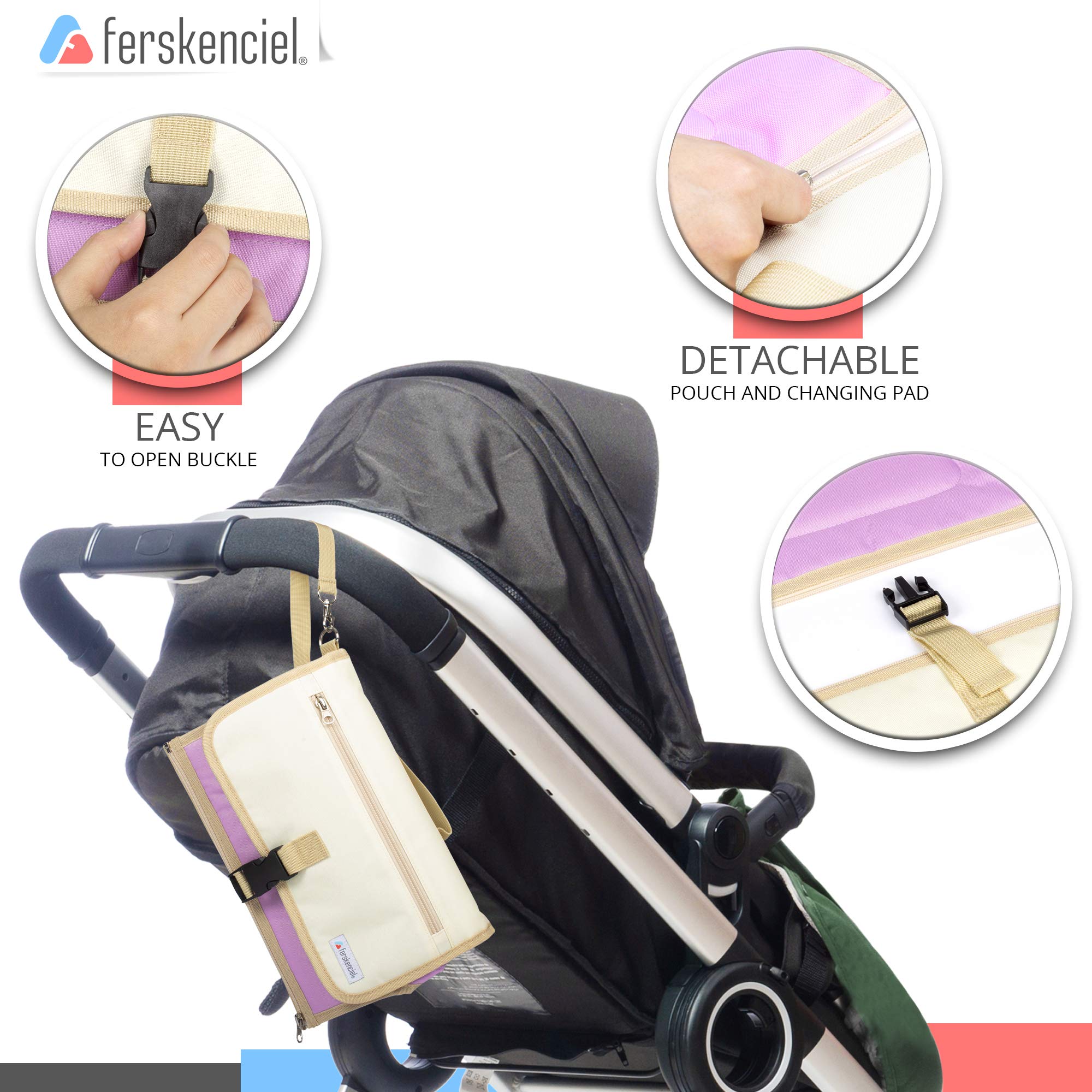 Portable Baby Diaper Changing Pad (Bubblegum) by Ferskenciel. Travel Nappy Change Station with Comfy Padding, Head Pillow, Stroller Strap & Zipper Pockets. Large, Foldable, Waterproof & Easy-Wipe Mat
