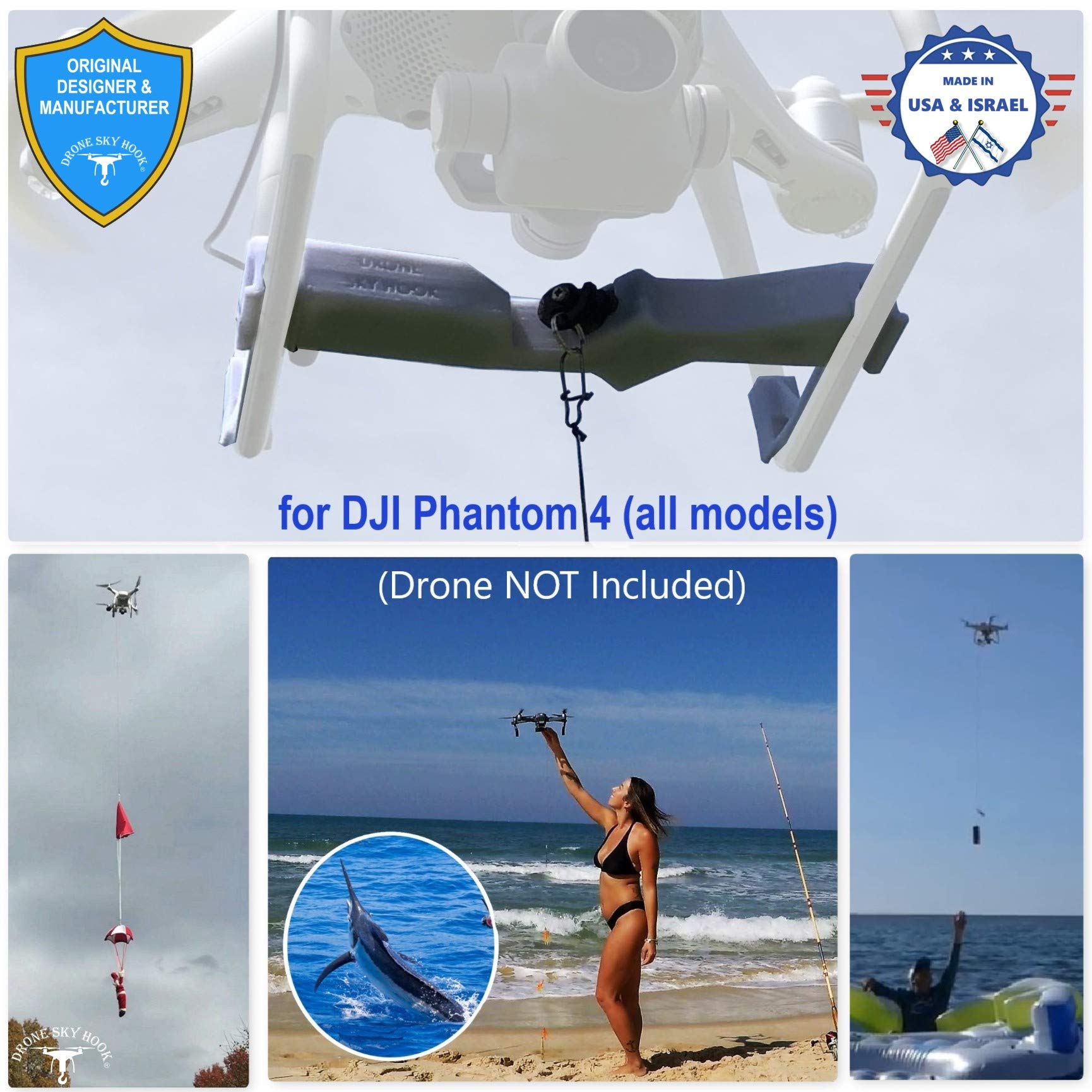 Release and Drop Professional Device for DJI Phantom 4 (all models) β Drone Fishing, Bait Release, Load Delivery, Search and Rescue and Fun β U.S. Patent - by DRONE SKY HOOK