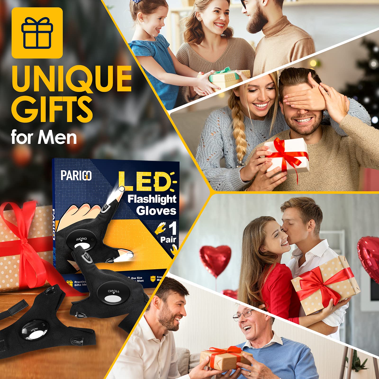 PARIGO LED Flashlight Gloves, Father Day Mens Gifts for Dad Husband Grandpa, Cool Gadget Christmas Birthday Gifts for Men Adults Him Boyfriend Guy, Hand Light for Fishing Camping Grill Car Repairing