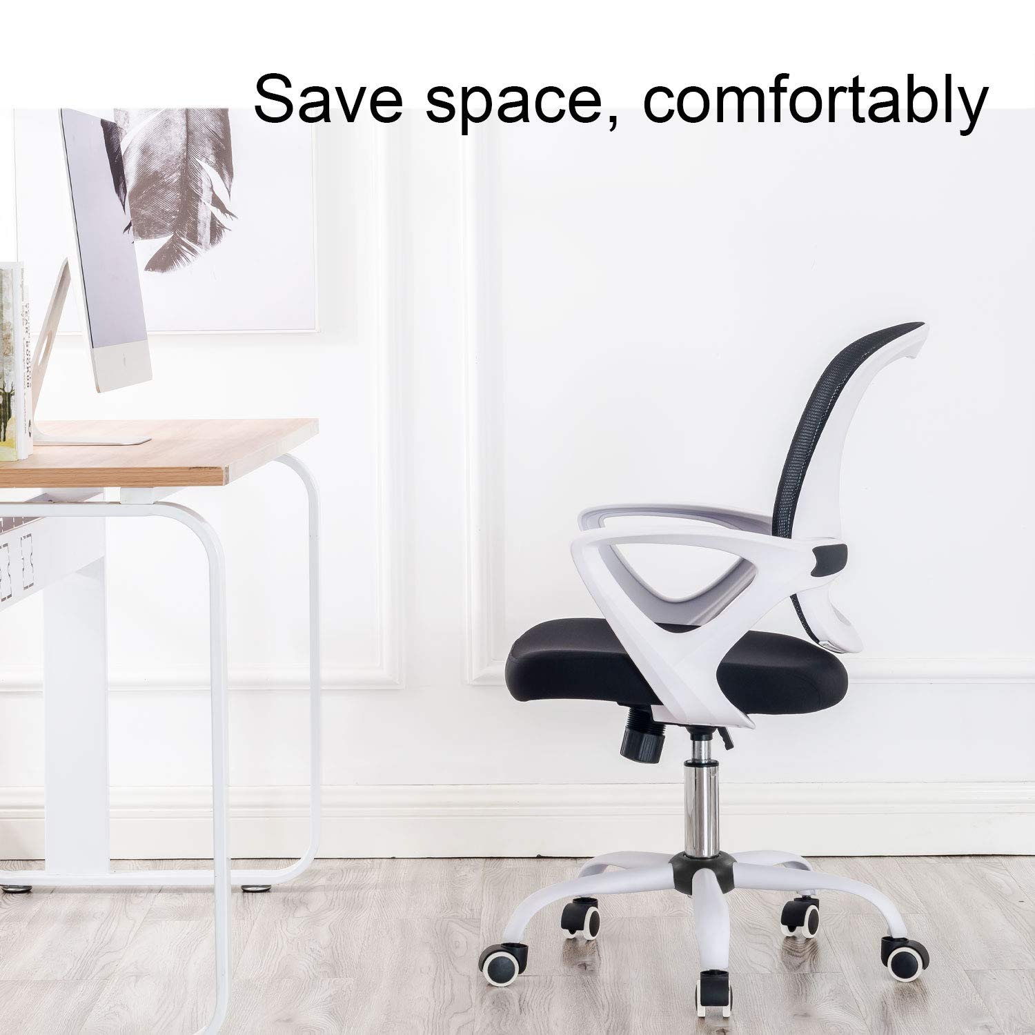QY Office Chair Ergonomic Desk Chair with Arms & Adjustable Height Modern Mid Back Swivel Home Chair for Small Place, White