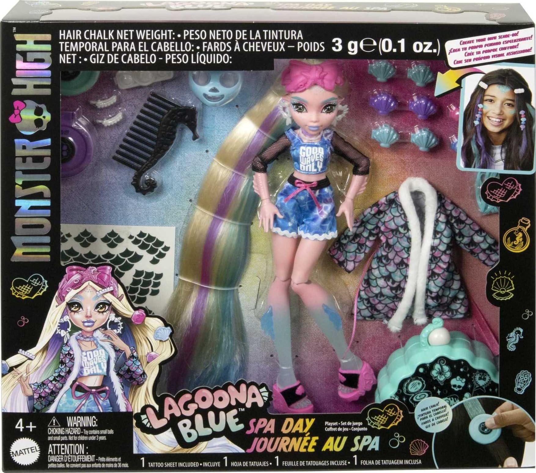 Monster High Doll, Lagoona Blue Spa Day with Wear & Share Accessories Including Hair Clips, Hair Chalk & Tattoos