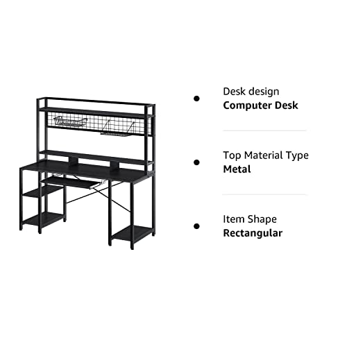 Rolanstar Computer Desk with Hutch and Keyboard Tray, 55" Office Desk with Storage Shelves, Studying Writing Desk Workstation for Home Office, Black